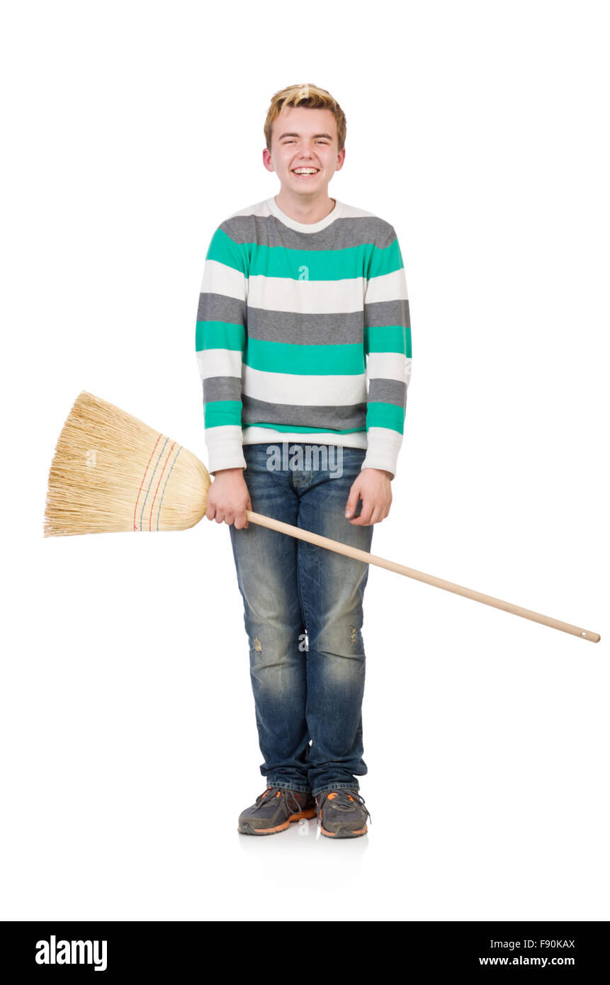 Funny man with mop isolated on white Stock Photo - Alamy