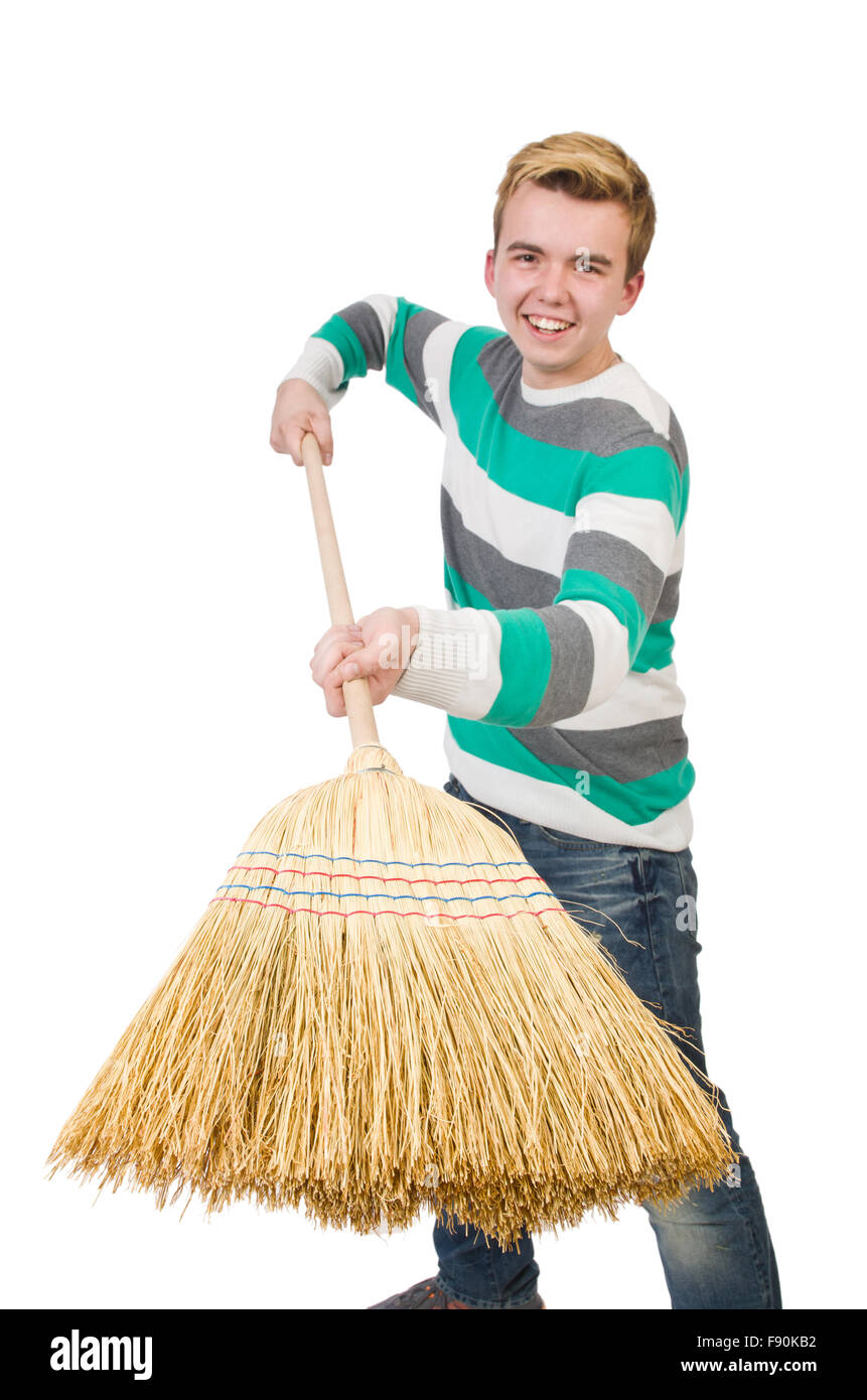 Funny man with mop isolated on white Stock Photo - Alamy