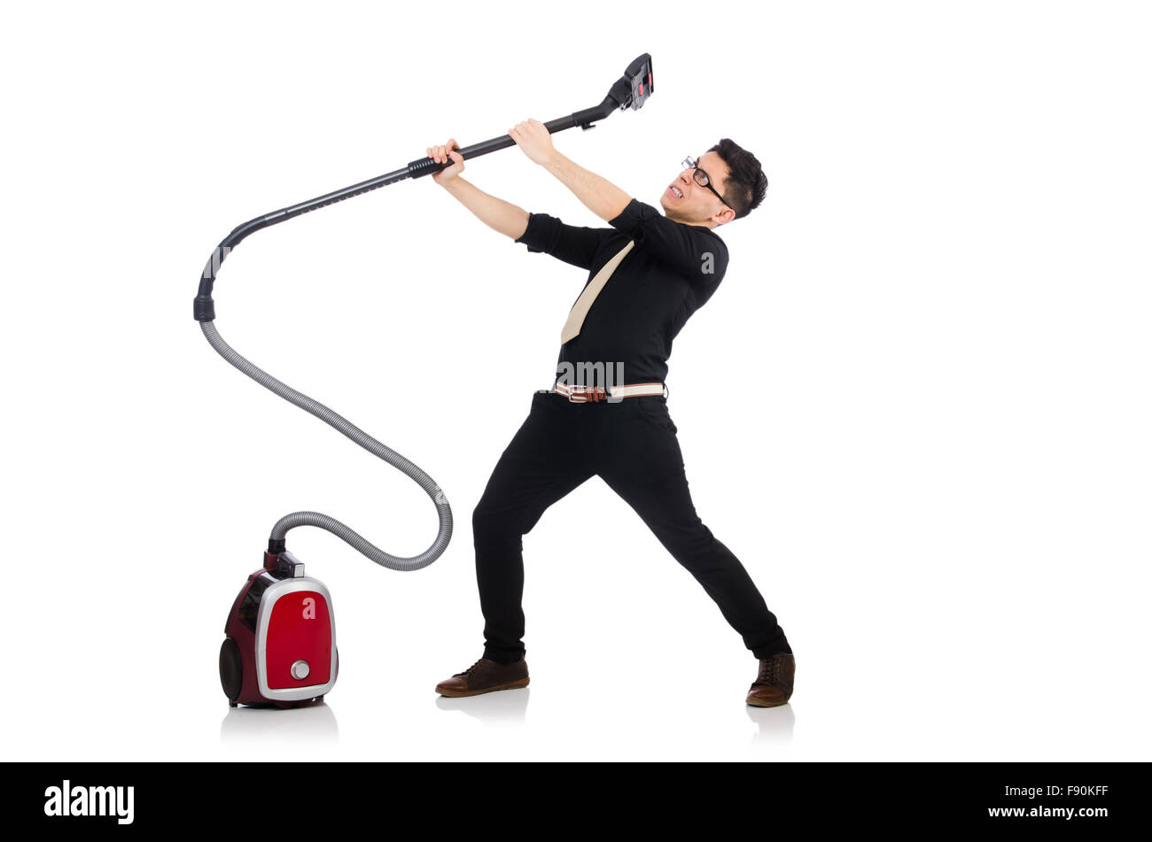 Man with vacuum cleaner isolated on white Stock Photo - Alamy
