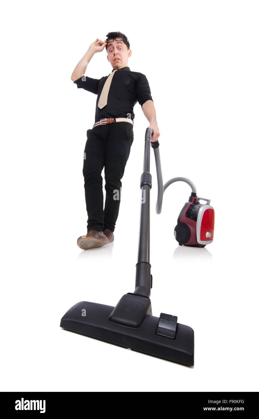 Man with vacuum cleaner isolated on white Stock Photo - Alamy