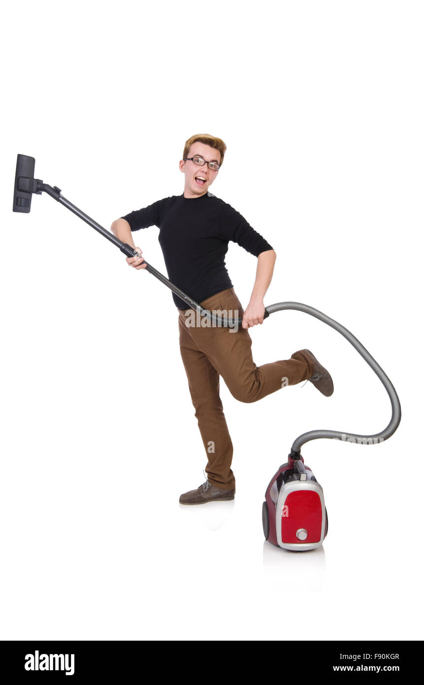 Funny man with vacuum cleaner on white Stock Photo - Alamy