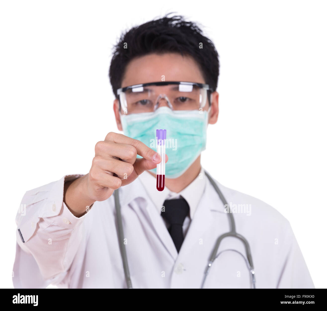 doctor in mask research a medical test glass with blood isolated on ...