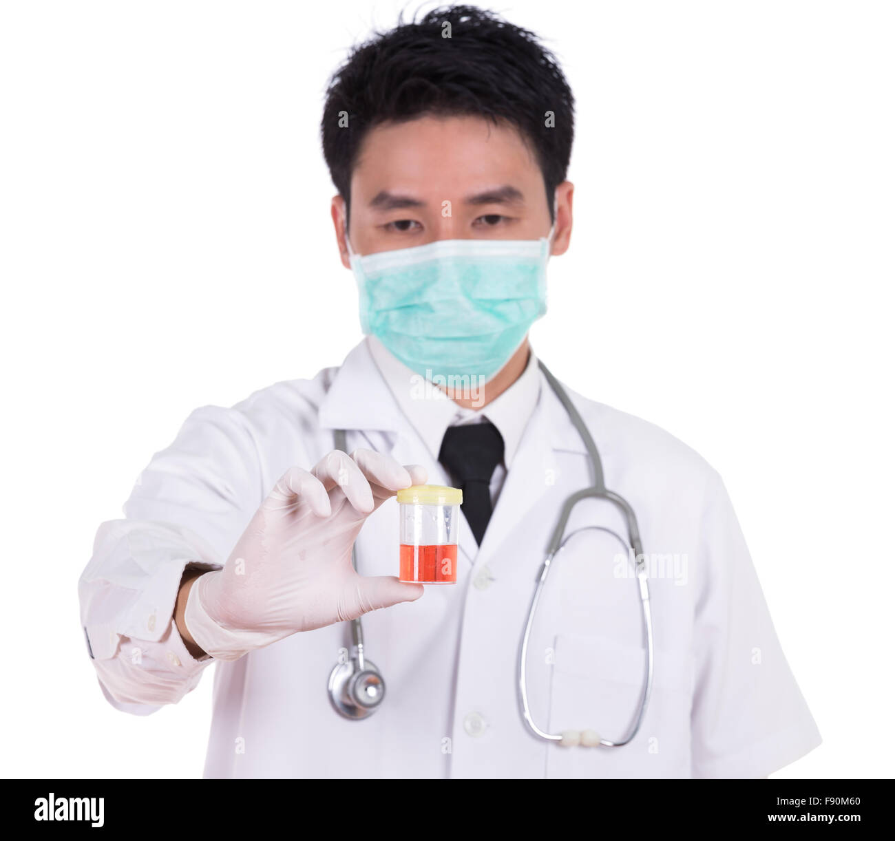 doctor's hand holding a bottle of bloody urine sample isolated on white ...