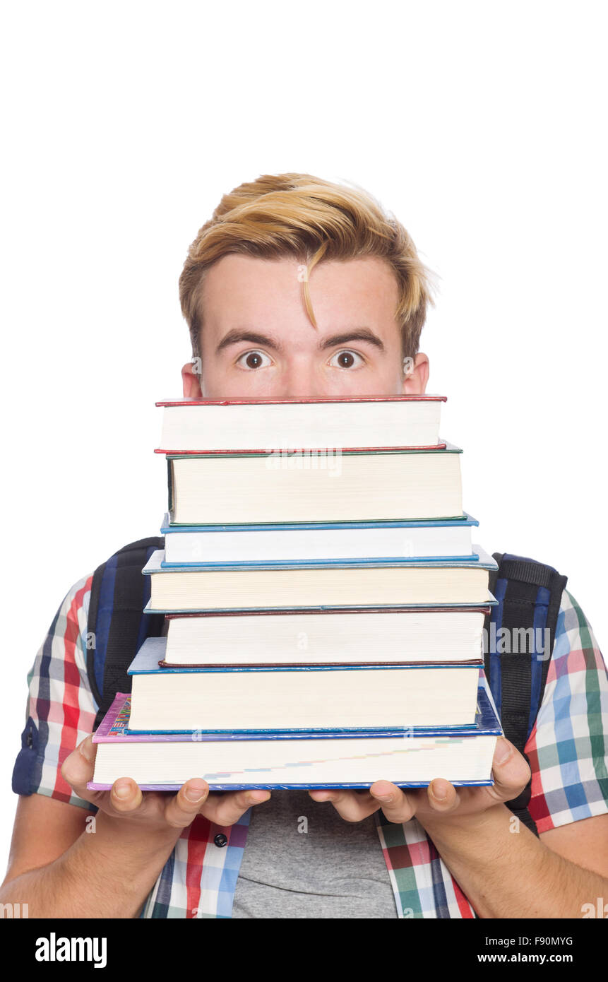 Funny student with stack of books Stock Photo - Alamy