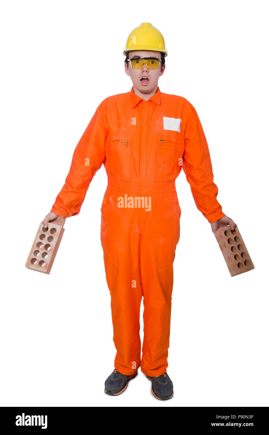 Man with brick isolated on white Stock Photo - Alamy