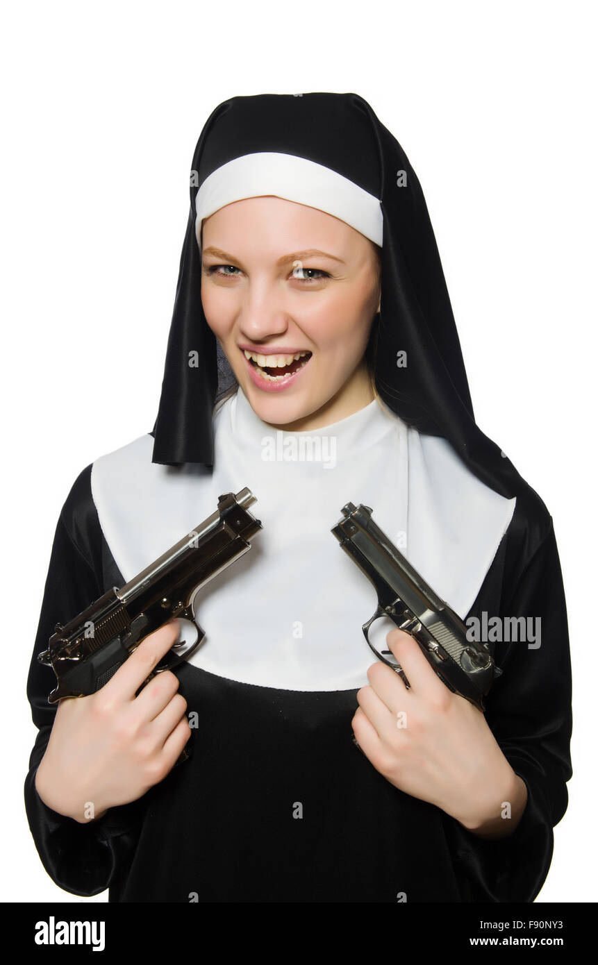 Nun with handgun isolated on white Stock Photo - Alamy