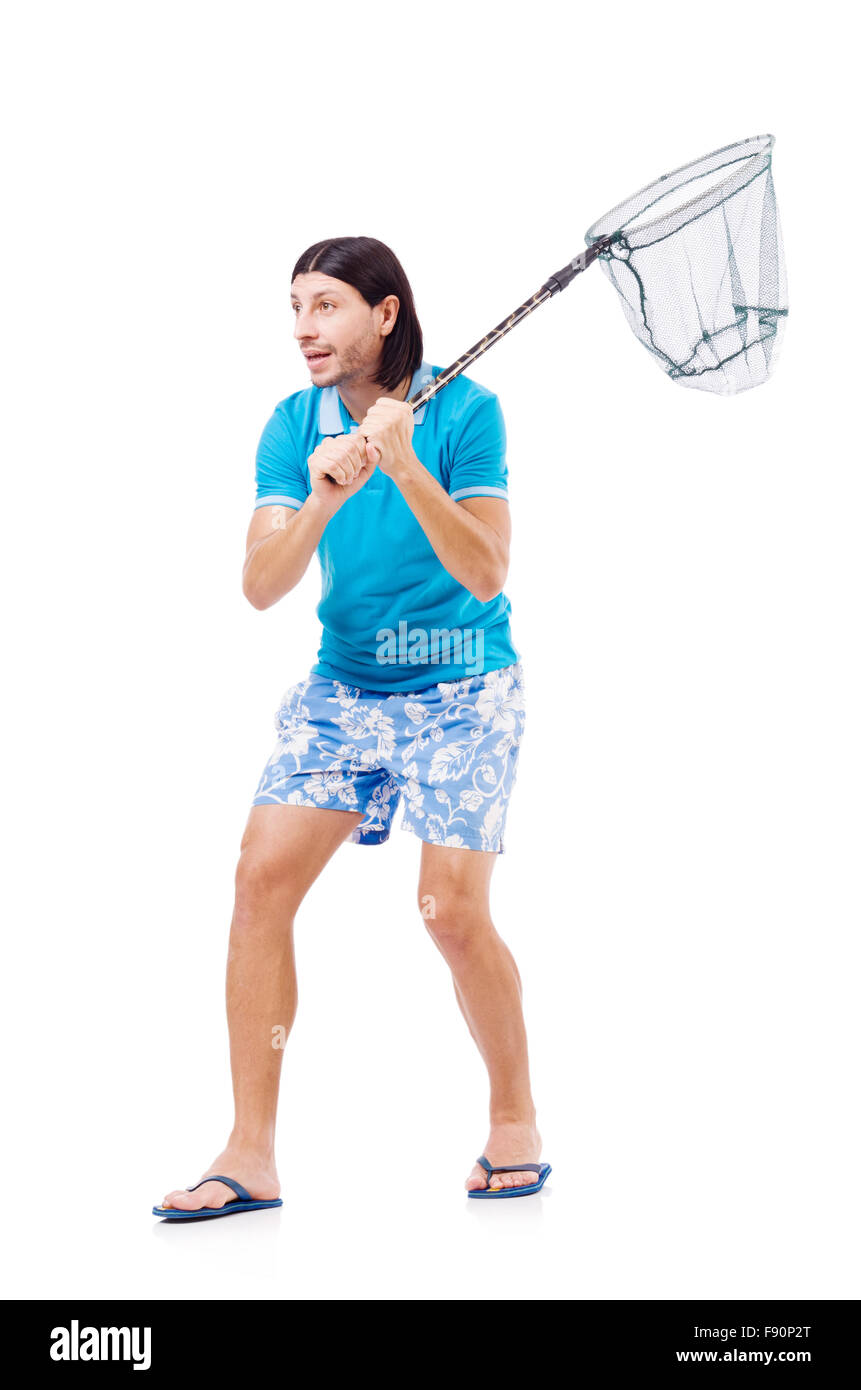 Funny guy with empty butterfly net Stock Photo - Alamy