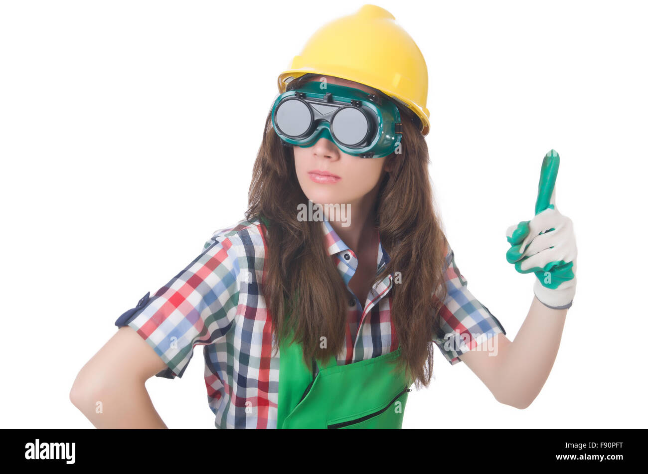 Woman wearing goggles in safety concept Stock Photo - Alamy