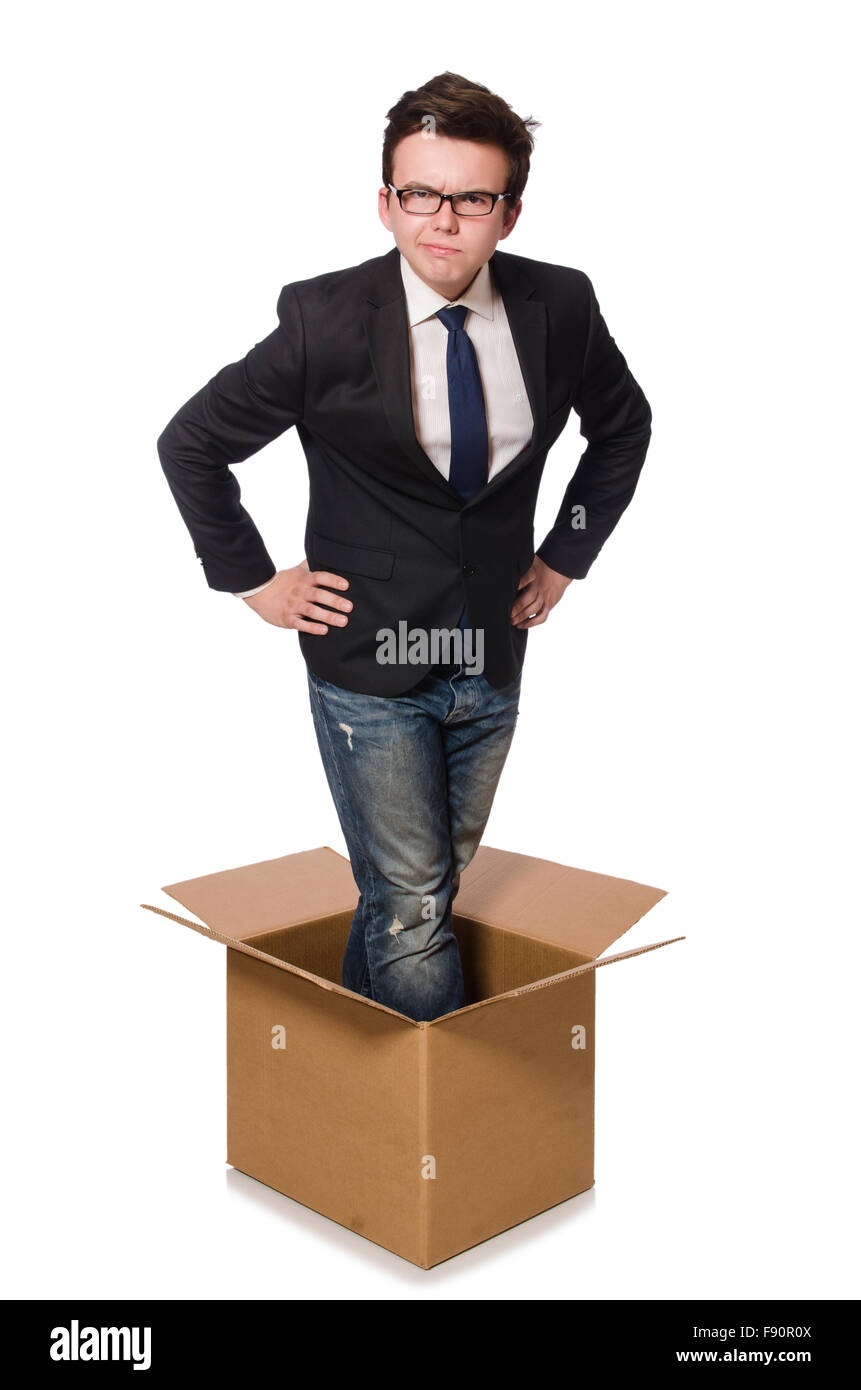 Funny man with boxes isolated on white Stock Photo - Alamy
