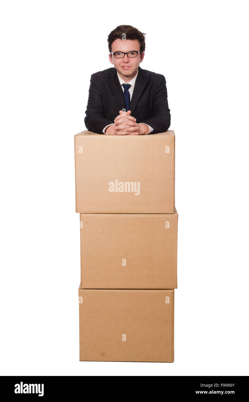 Funny man with boxes isolated on white Stock Photo - Alamy