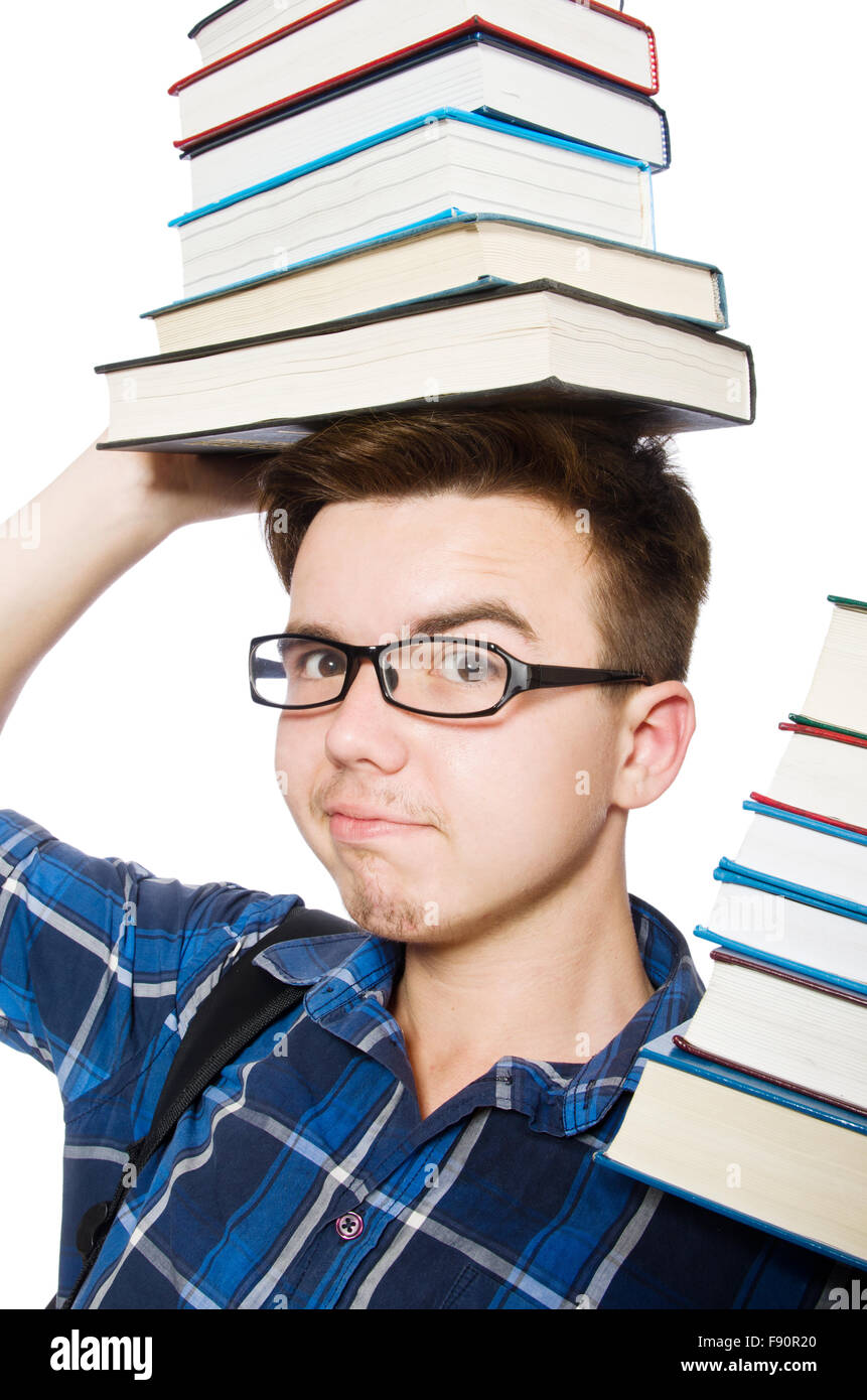 Funny student with stack of books Stock Photo - Alamy