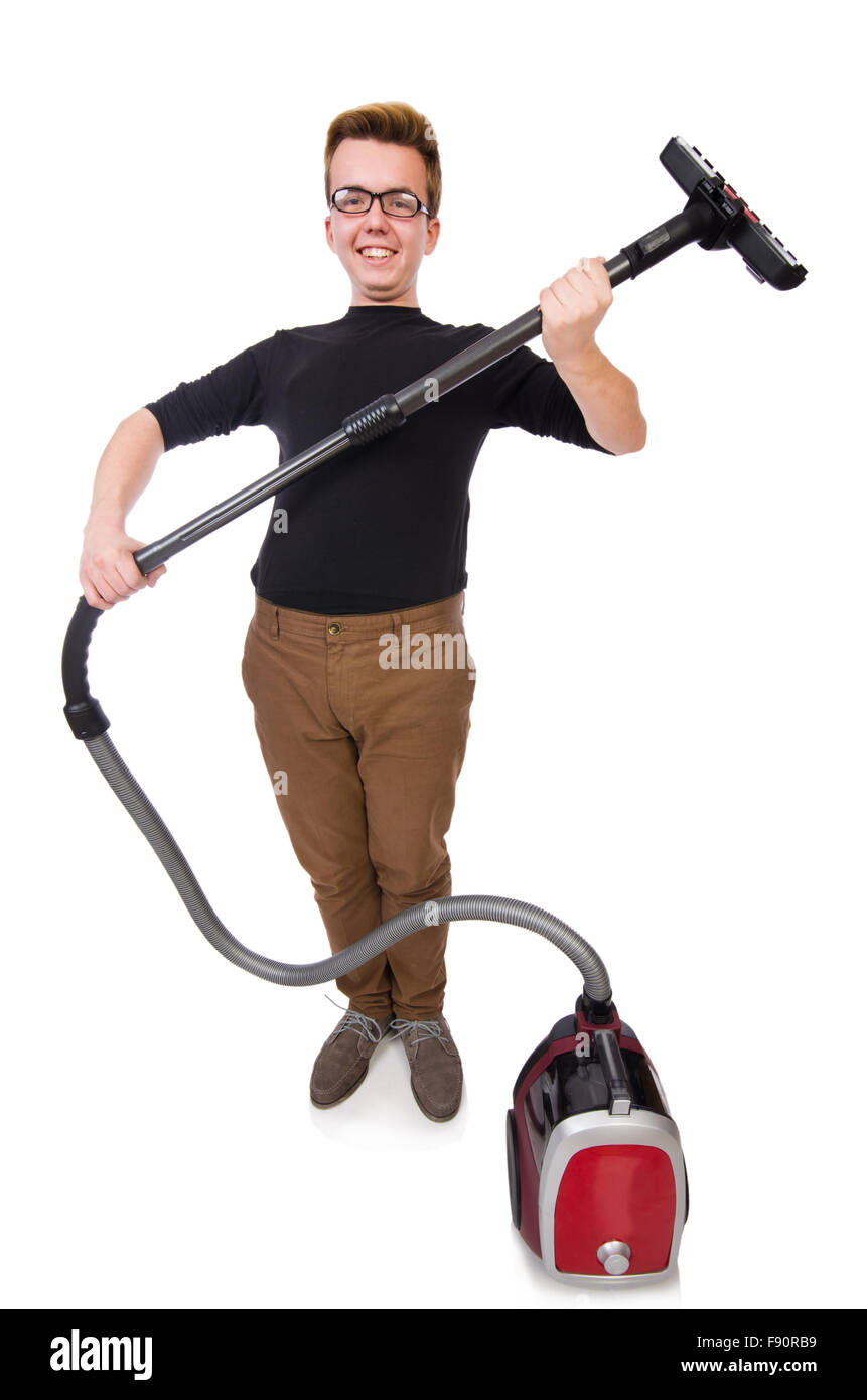 Funny man with vacuum cleaner on white Stock Photo - Alamy