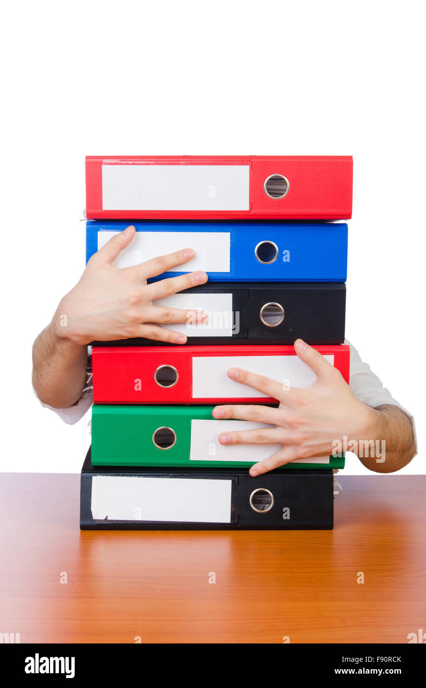 Funny man with lots of folders on white Stock Photo - Alamy