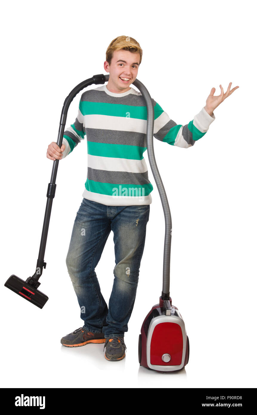 Funny man with vacuum cleaner on white Stock Photo - Alamy