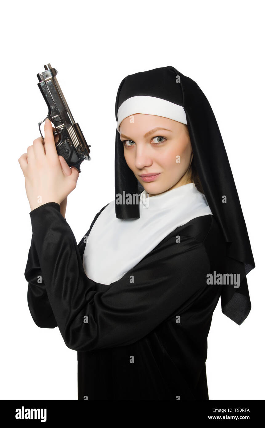 Nun with handgun isolated on white Stock Photo - Alamy