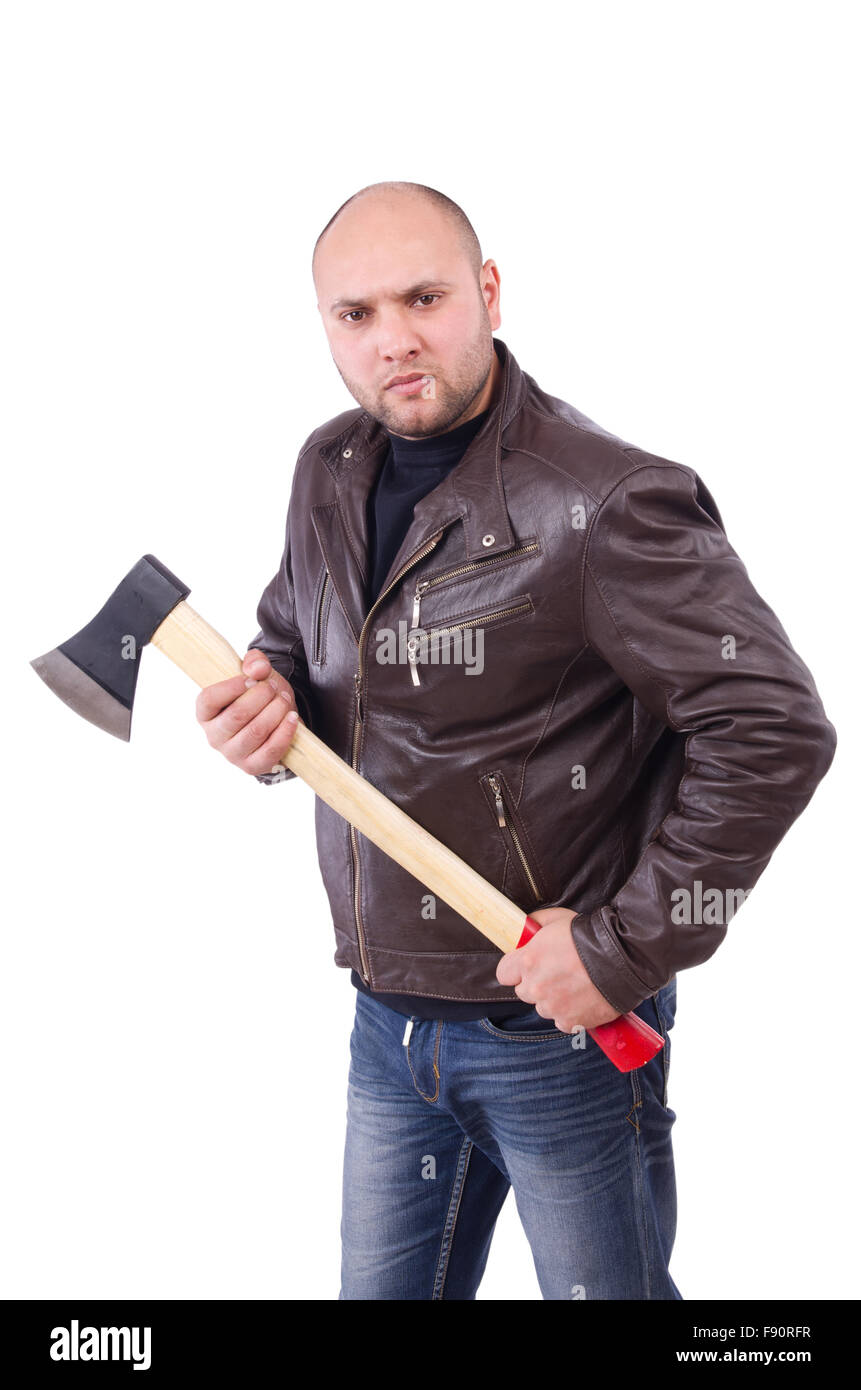 Man with axe isolated on white Stock Photo - Alamy