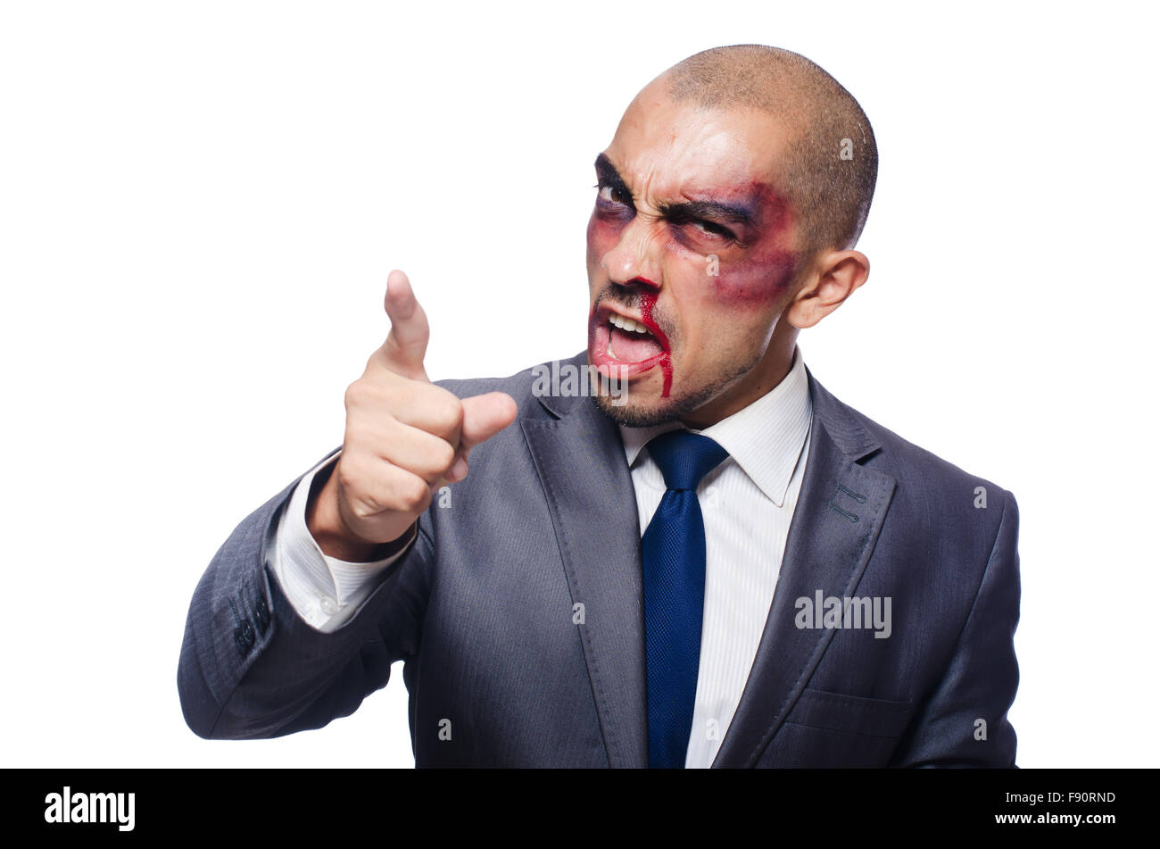 Badly beaten businessman isolated on white Stock Photo - Alamy