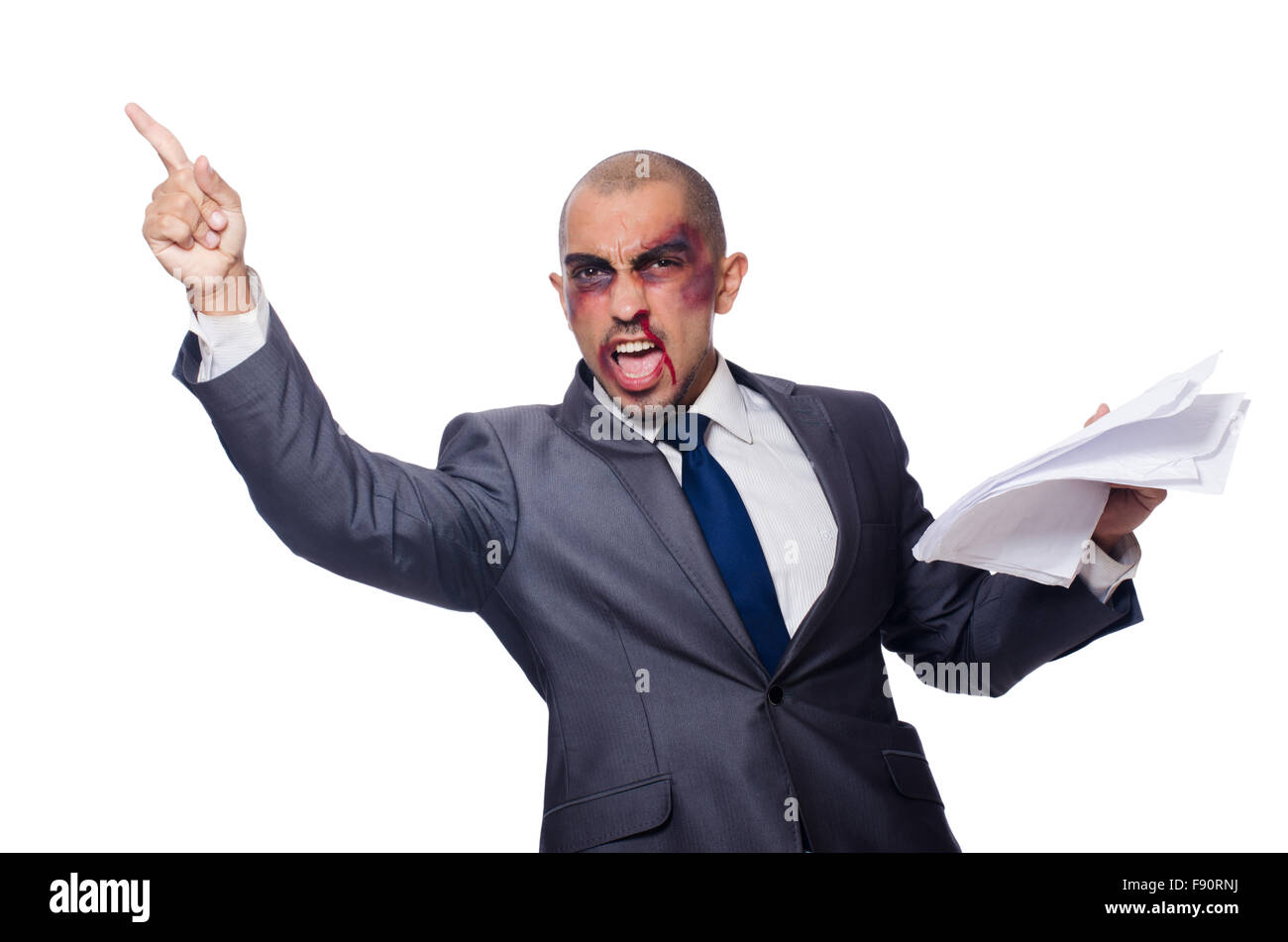 Badly beaten businessman isolated on white Stock Photo - Alamy