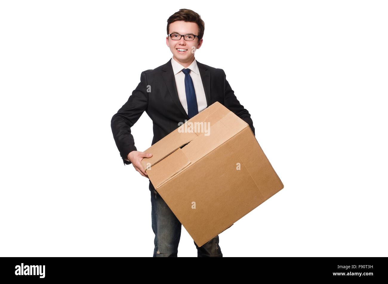 Funny man with boxes isolated on white Stock Photo - Alamy