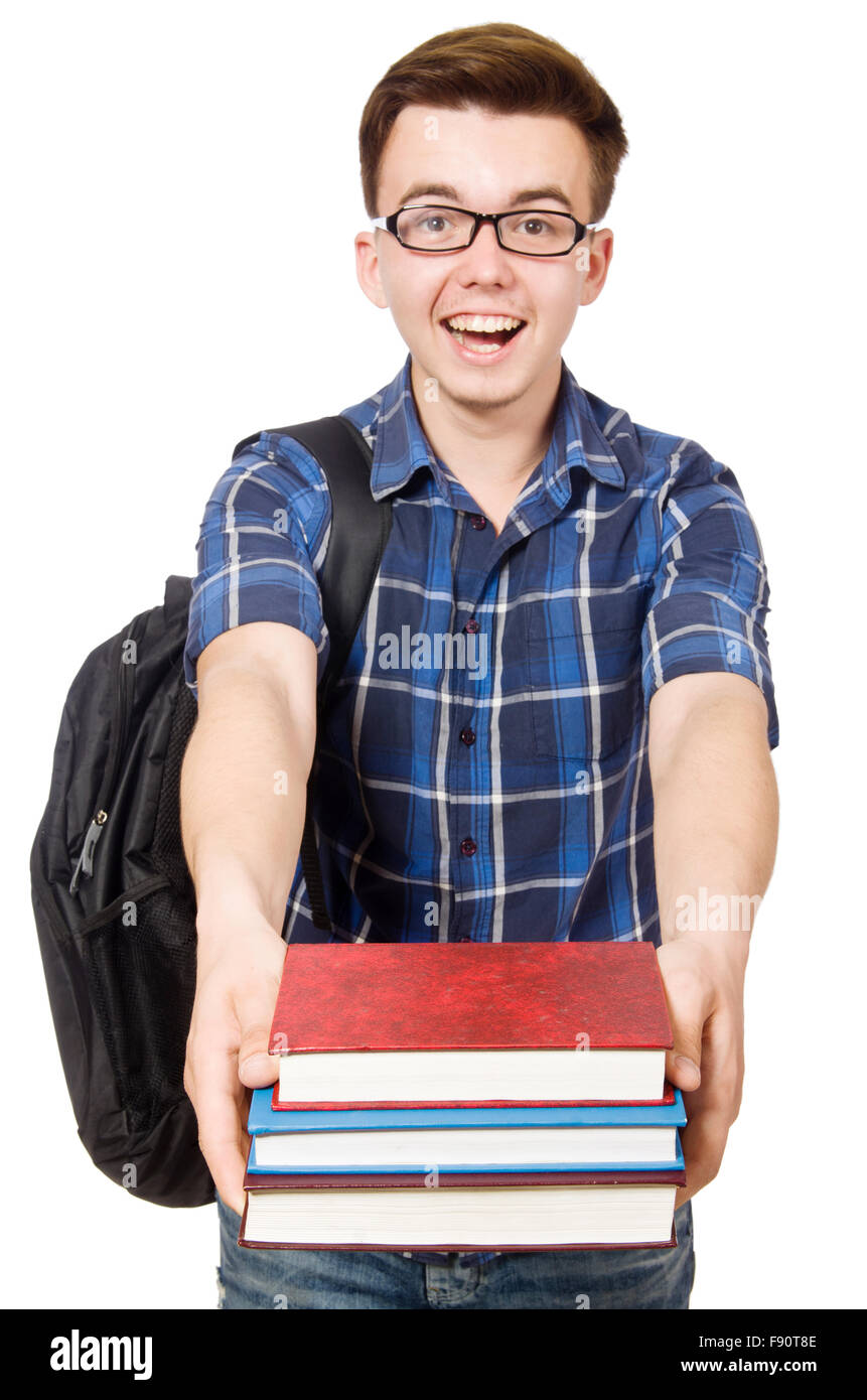 Funny student with stack of books Stock Photo - Alamy