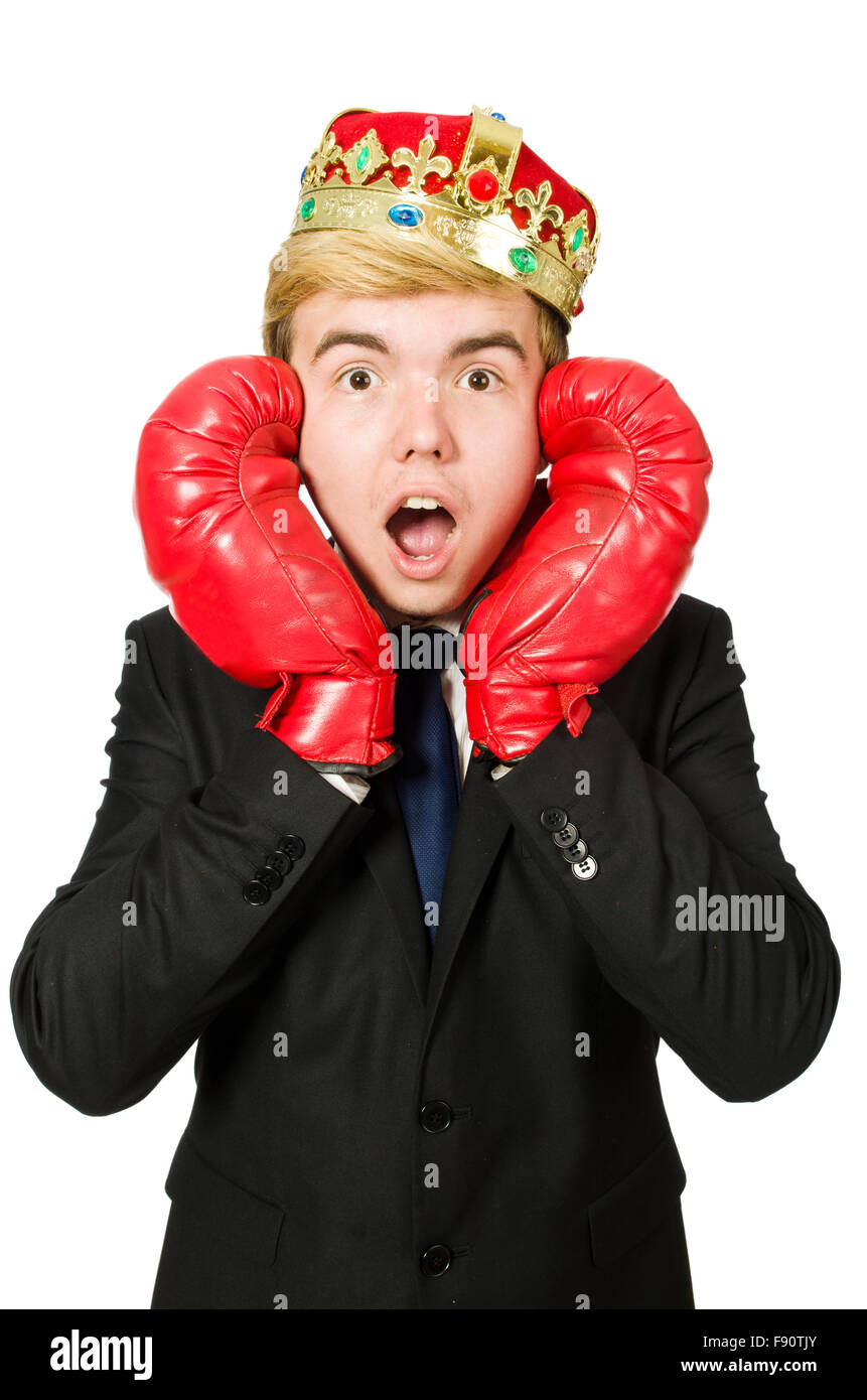Funny businessman with crown and boxing gloves Stock Photo - Alamy