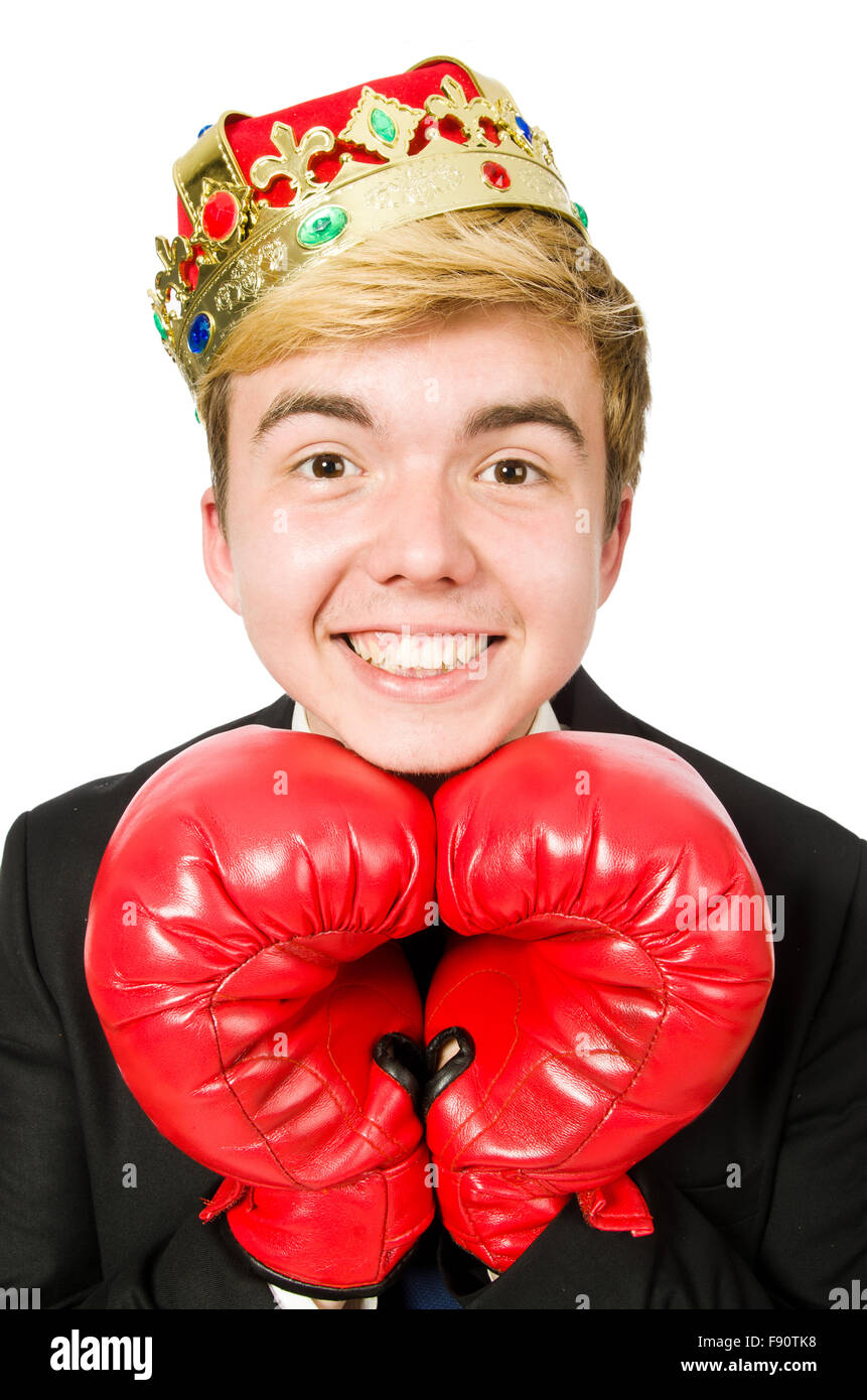 Funny businessman with crown and boxing gloves Stock Photo - Alamy