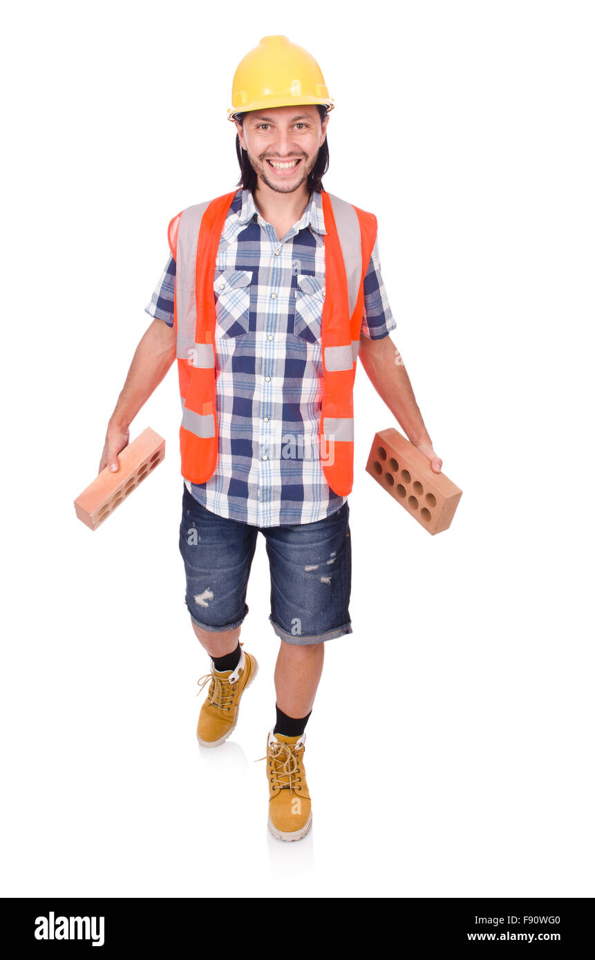 Builder with clay bricks isolated on white Stock Photo - Alamy