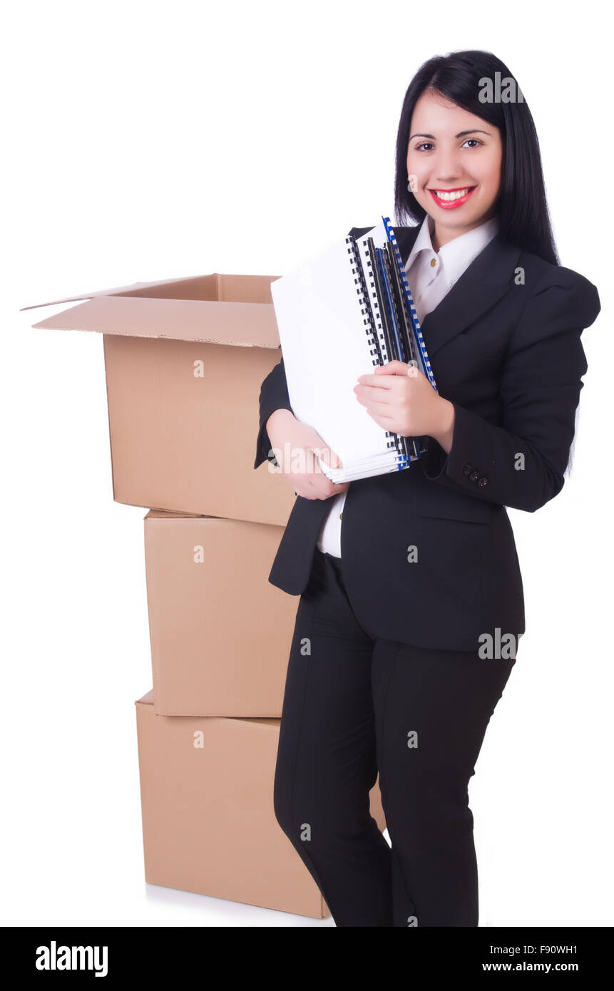 Young woman moving jobs isolated on white Stock Photo - Alamy