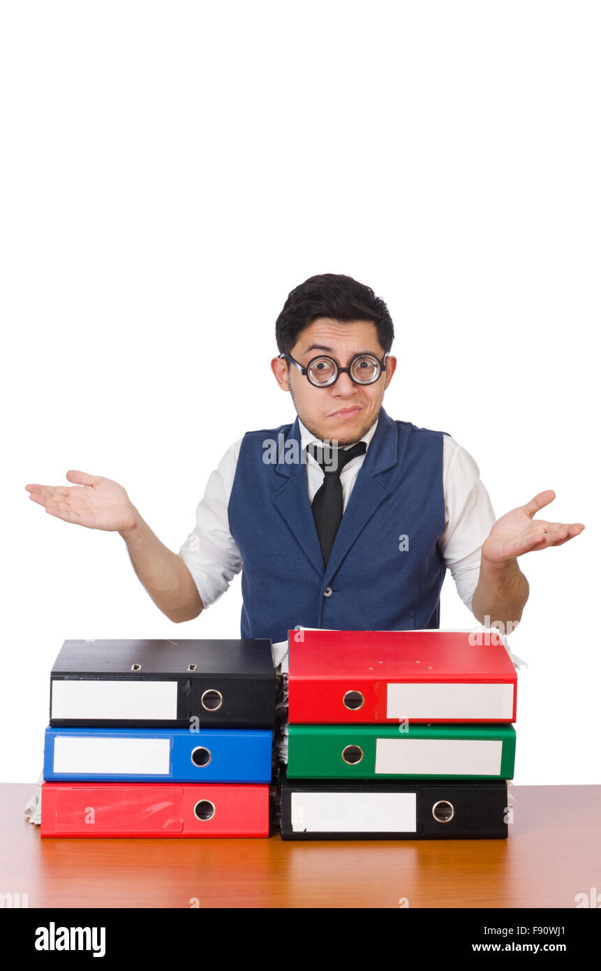 Funny man with lots of folders on white Stock Photo - Alamy