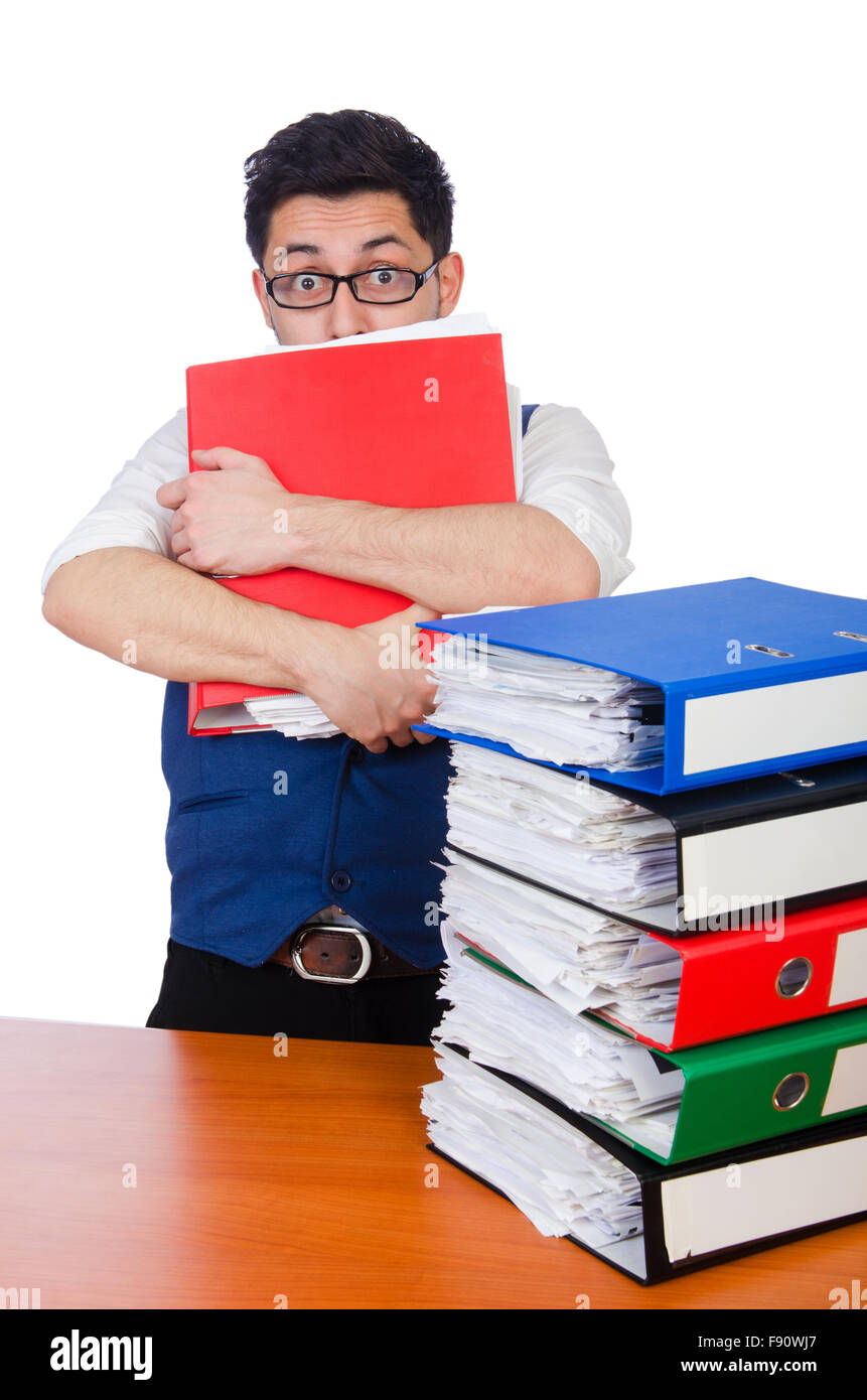 Funny man with lots of folders on white Stock Photo - Alamy