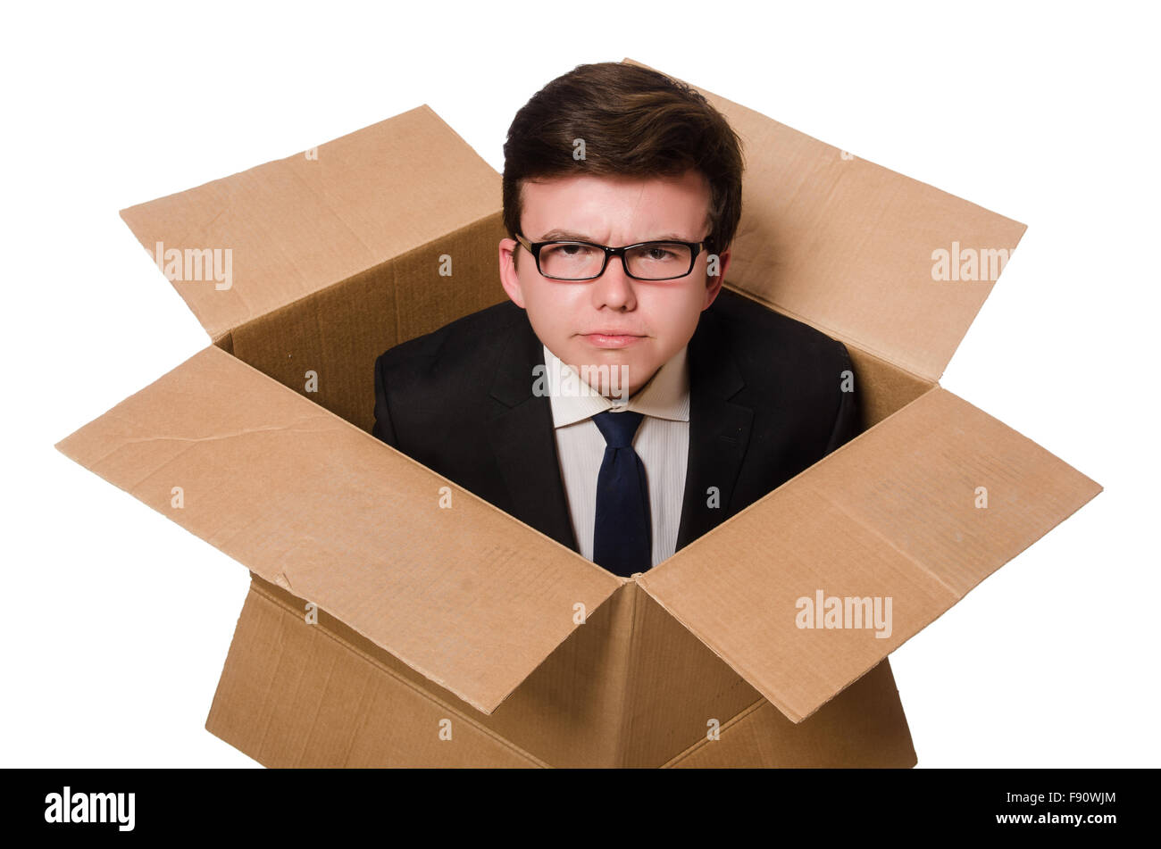 Funny man with boxes isolated on white Stock Photo - Alamy