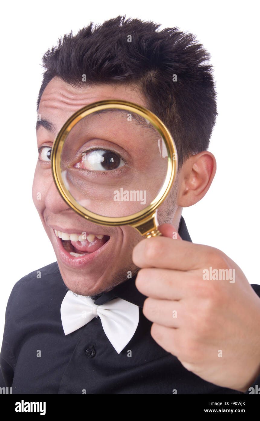 Funny man with magnifying glass Stock Photo - Alamy