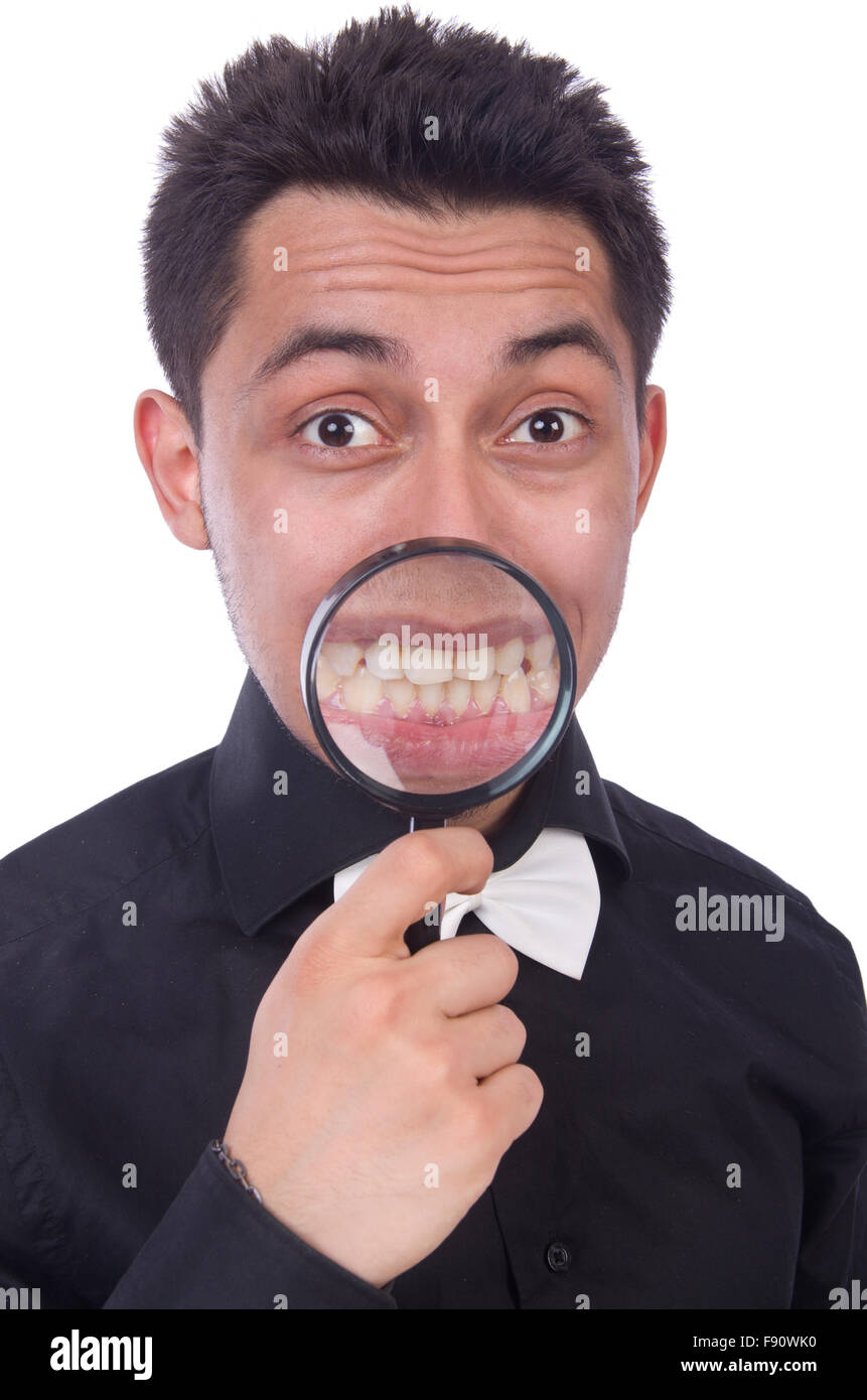 Funny man with magnifying glass Stock Photo - Alamy