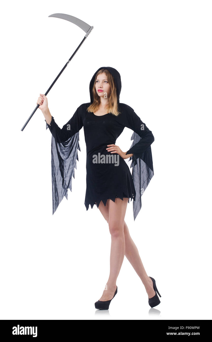 Woman in halloween concept with scythe Stock Photo - Alamy