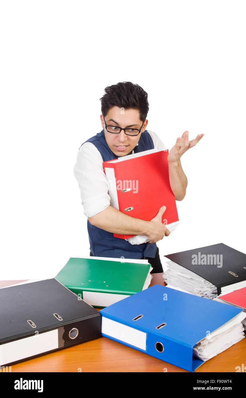 Funny man with lots of folders on white Stock Photo - Alamy