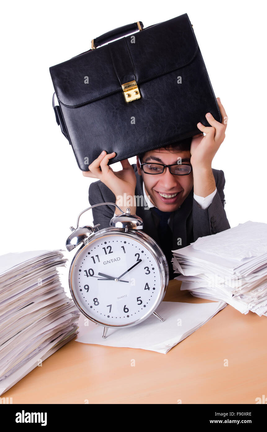 Busy man with stack of papers isolated on white Stock Photo - Alamy