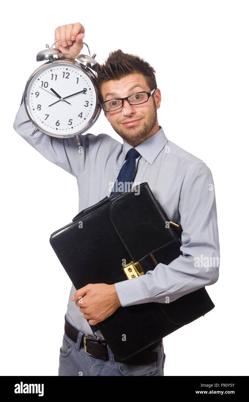 Man with clock trying to meet the deadline isolated on white Stock ...