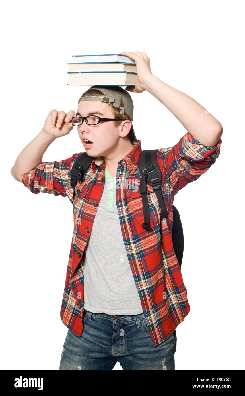 Funny student with stack of books Stock Photo - Alamy