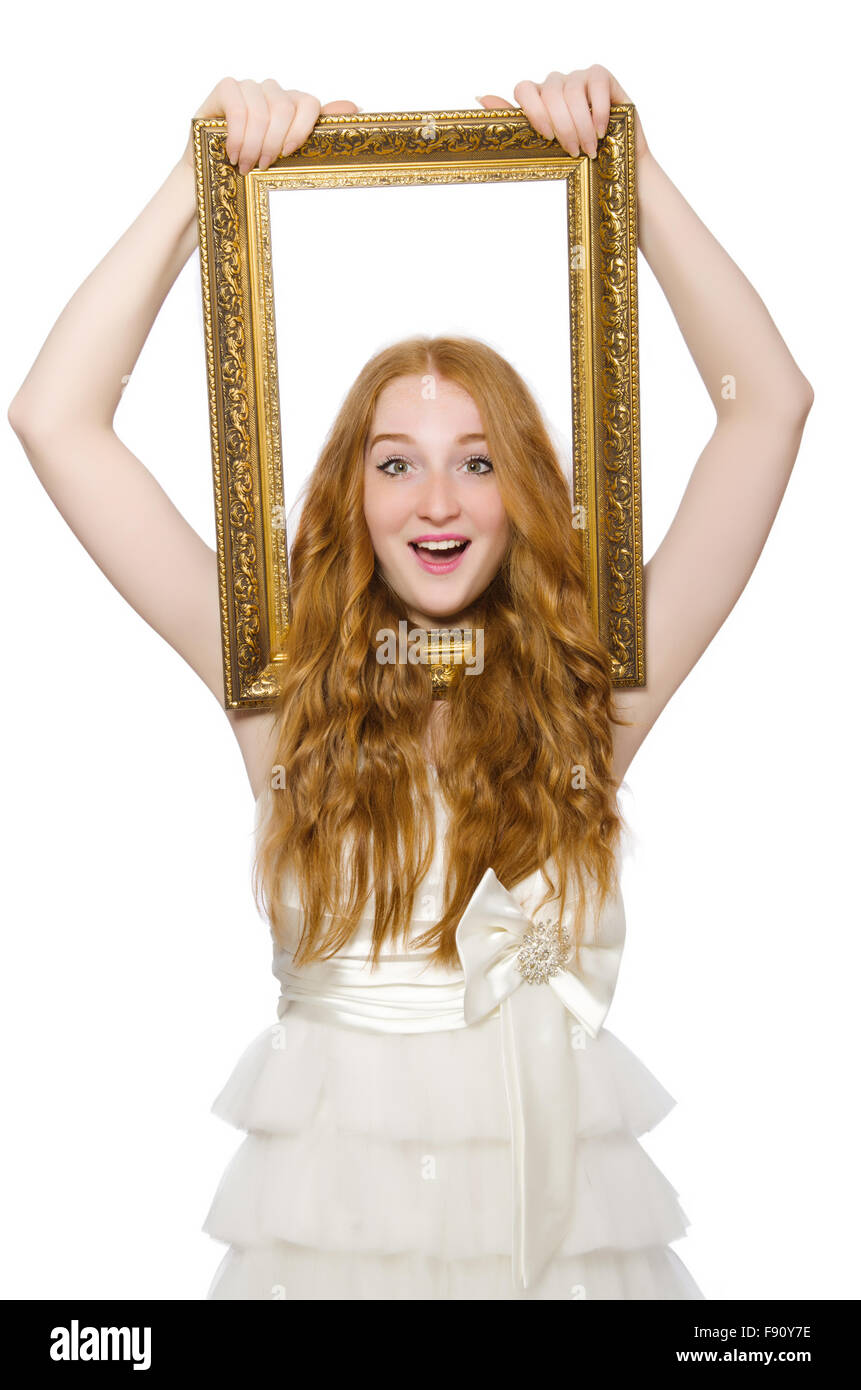 Woman holding picture frame isolated on white Stock Photo - Alamy