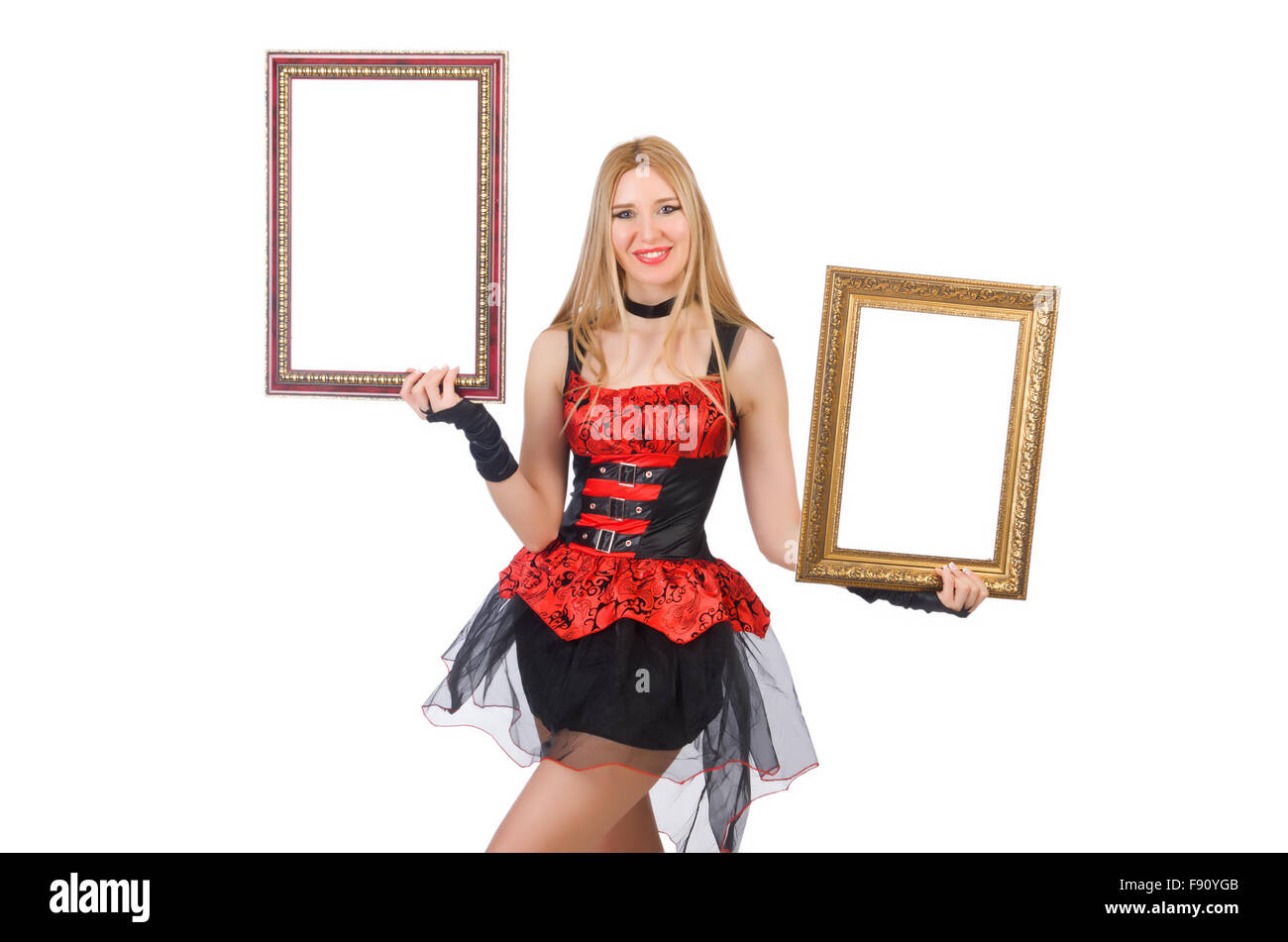 Woman holding picture frame isolated on white Stock Photo - Alamy