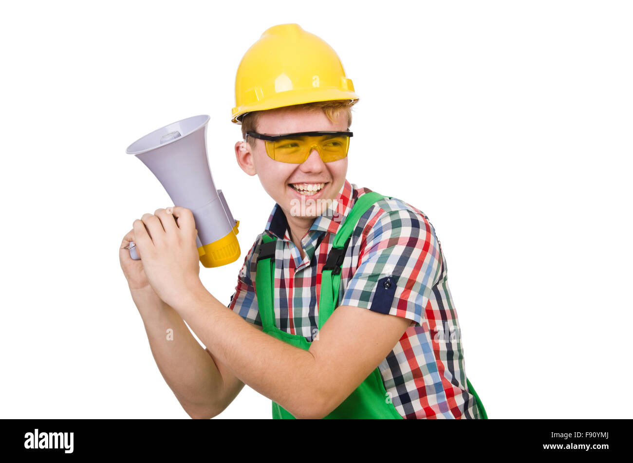 Funny construction worker with loudspeaker on white Stock Photo - Alamy
