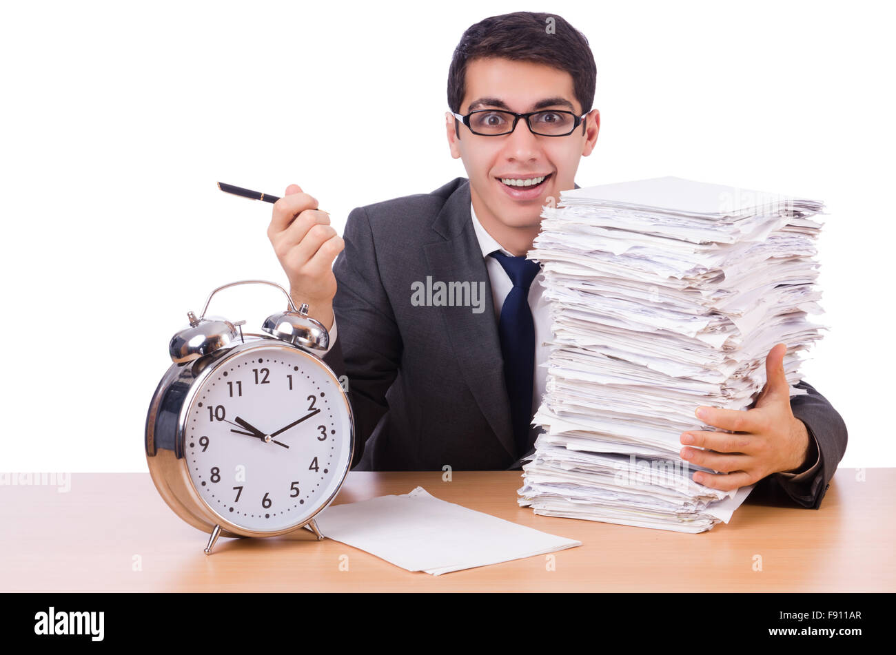 Busy man with stack of papers isolated on white Stock Photo - Alamy