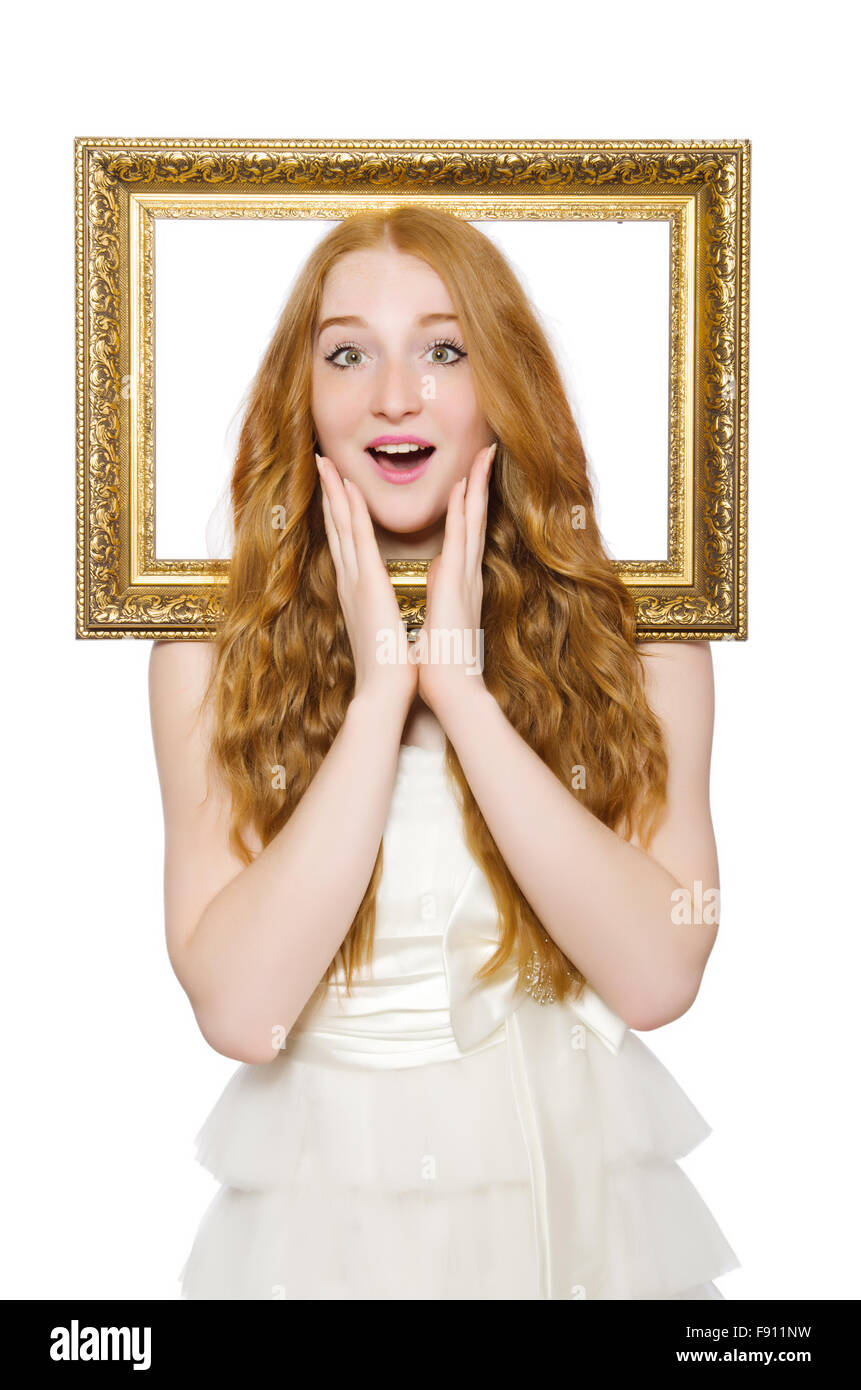 Woman holding picture frame isolated on white Stock Photo - Alamy