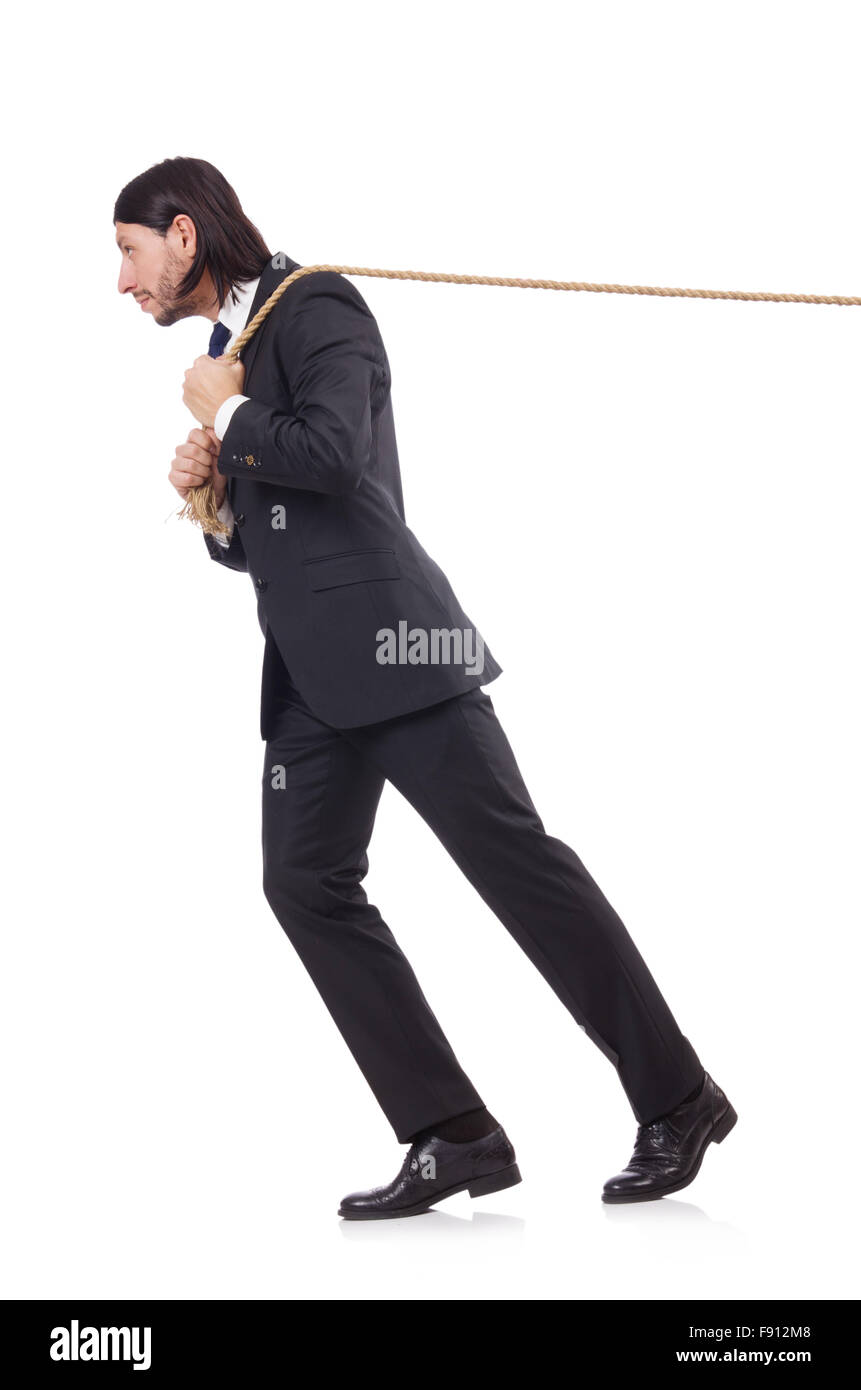 Young businessman pulling rope isolated on white Stock Photo - Alamy