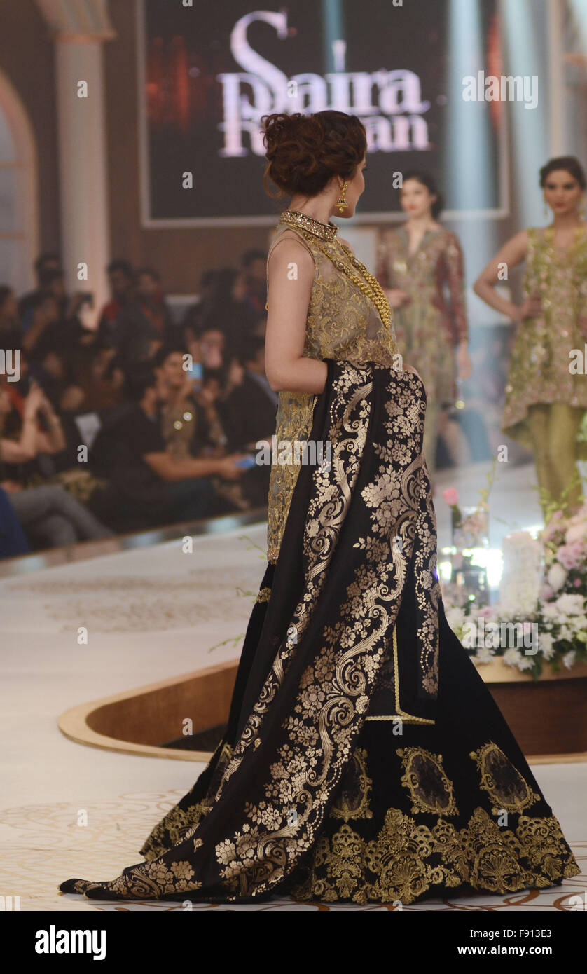 Lahore, Pakistan. 12th Dec, 2015. Pakistani model presents creations of ...