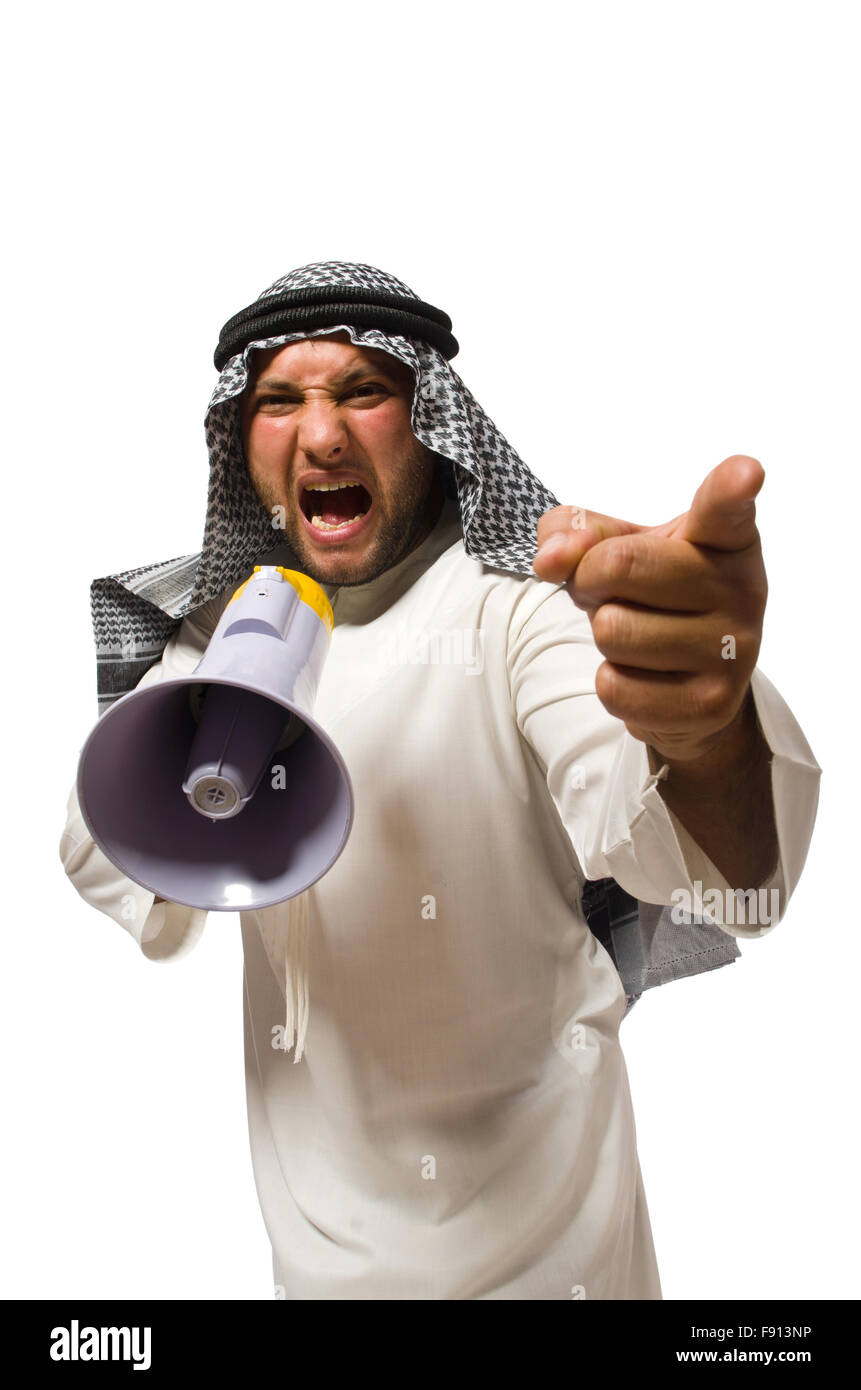 Arab man with loudspeaker isolated on white Stock Photo - Alamy
