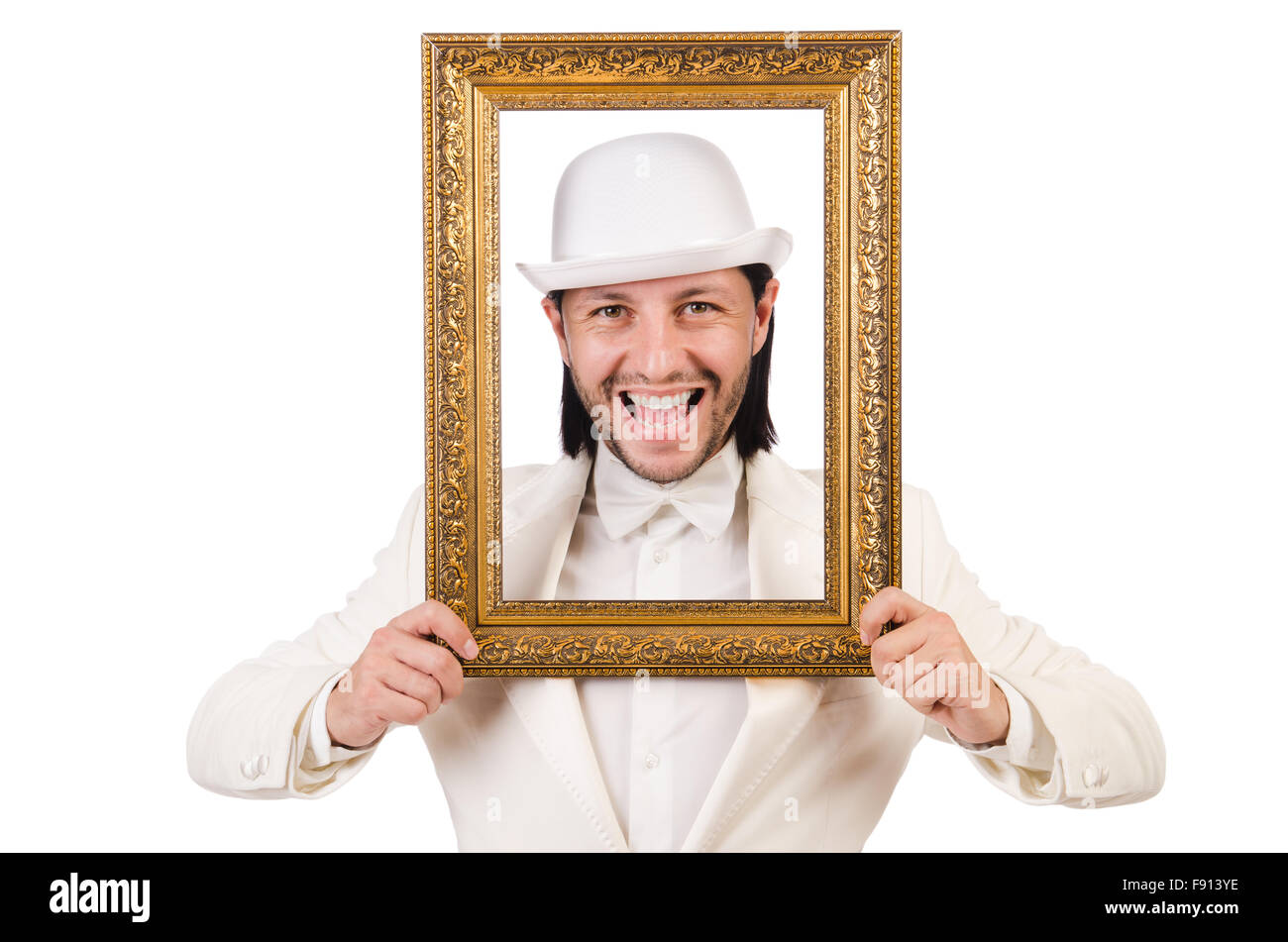 Man in white costume with picture frame Stock Photo - Alamy