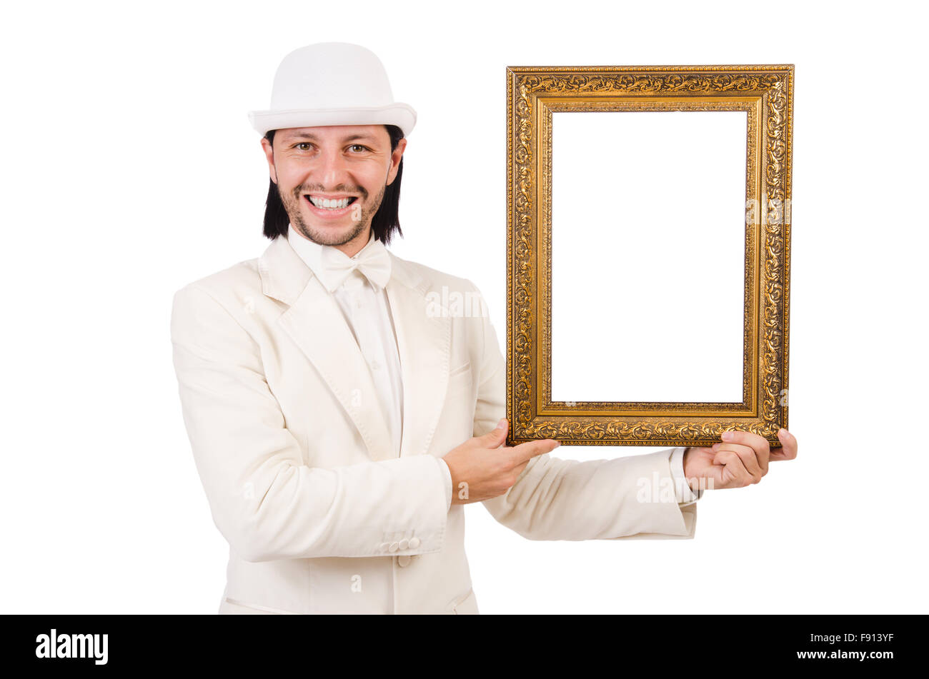 Man in white costume with picture frame Stock Photo - Alamy