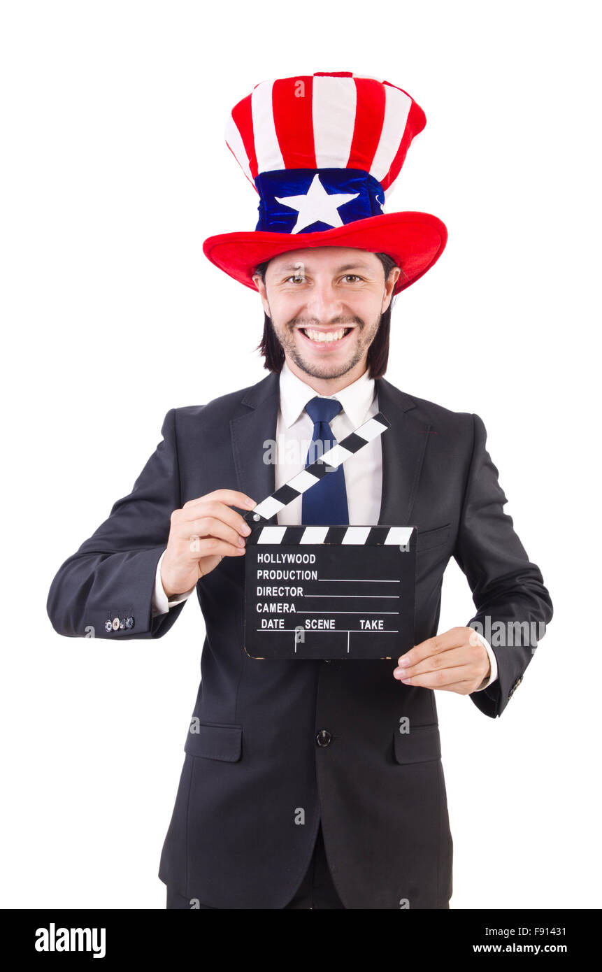 Man with USA hat and movie board isolated on white Stock Photo - Alamy