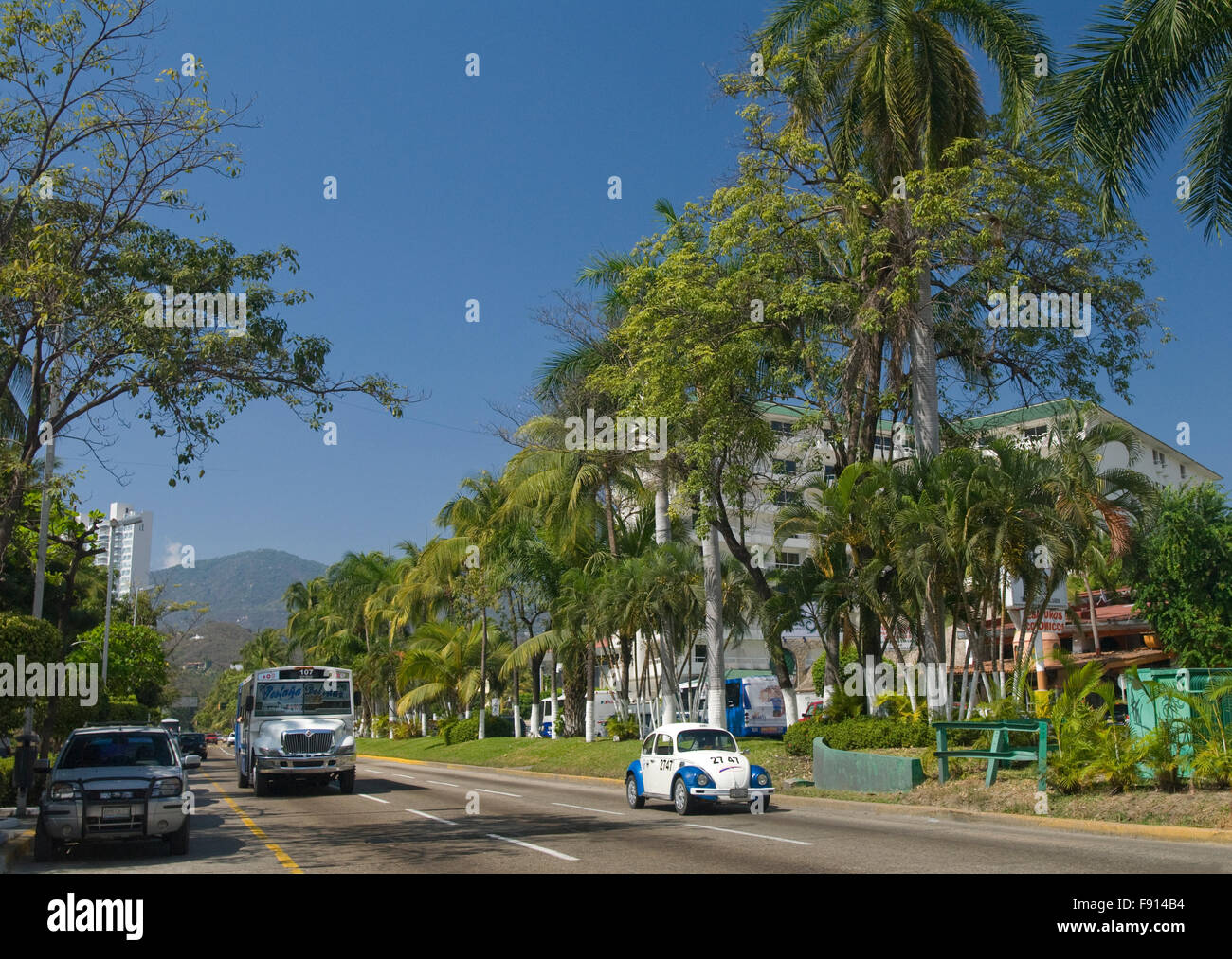 Traffic on the Avenida Costera Miquel Aleman, Acapulco, Mexico. Also ...